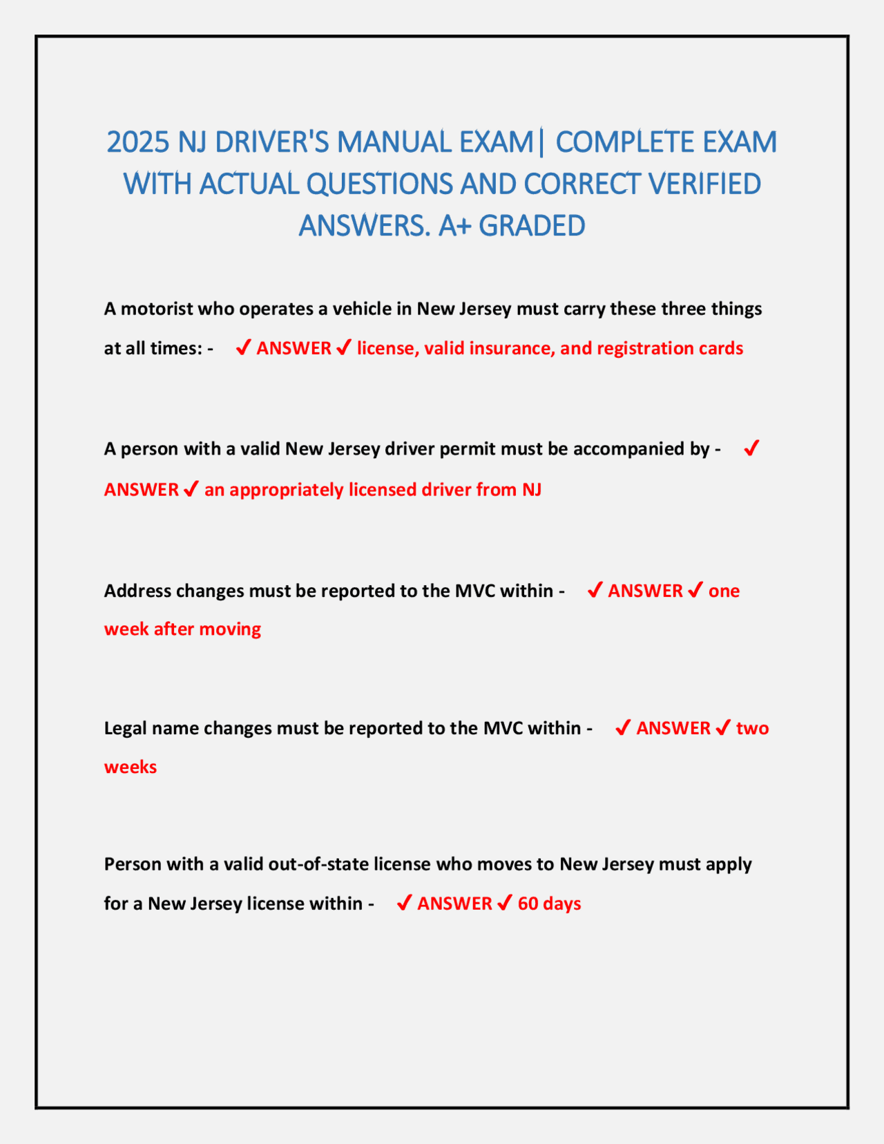 2025 NJ DRIVER'S MANUAL EXAM| COMPLETE EXAM WITH ACTUAL QUESTIONS AND ...