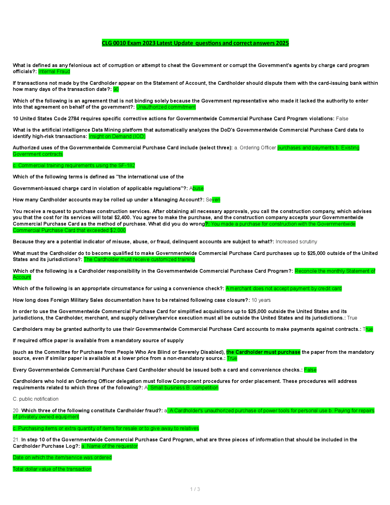 CLG 0010 Exam 2023 Latest Update questions and correct answers 2025 ...