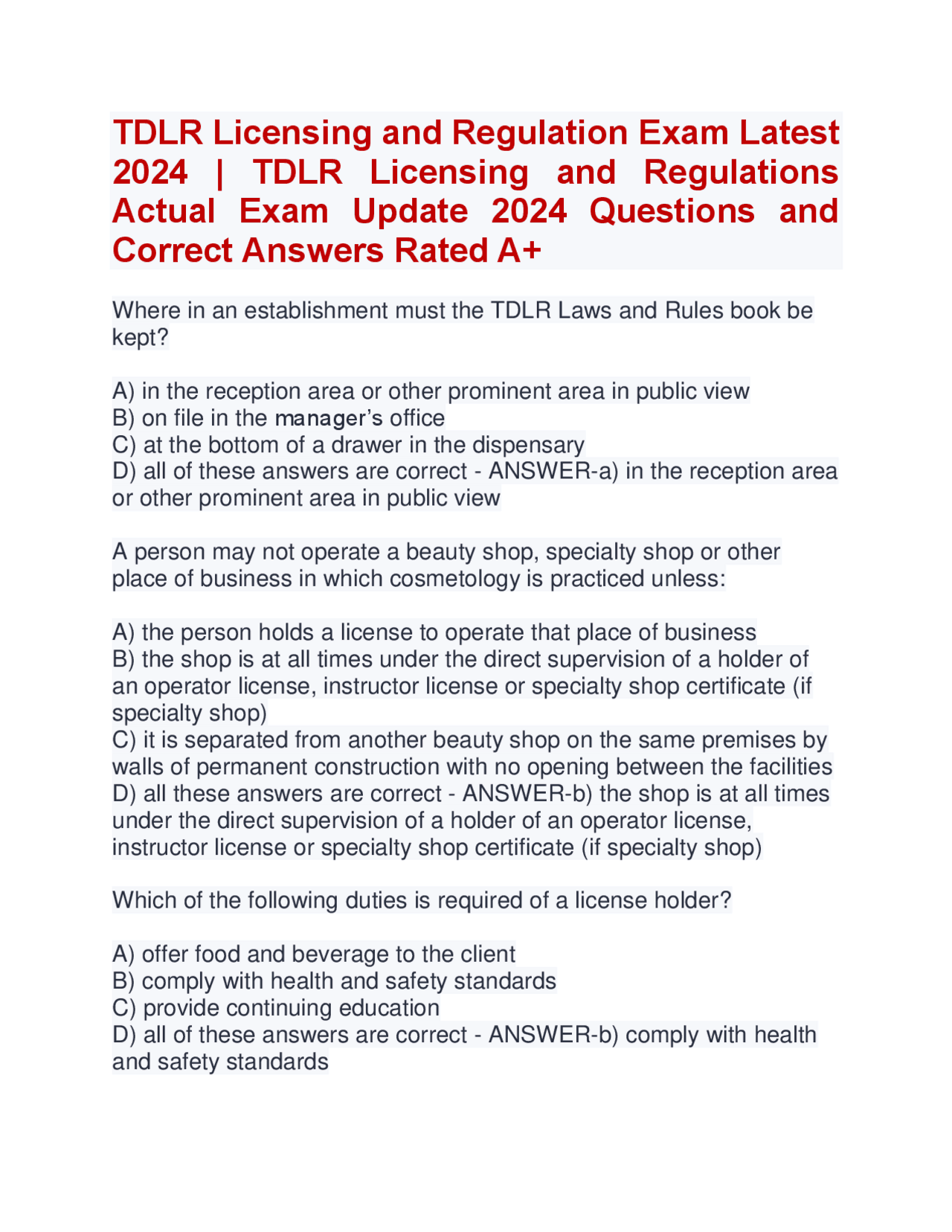TDLR Licensing and Regulation Exam: Questions and Answers | Exams Law ...