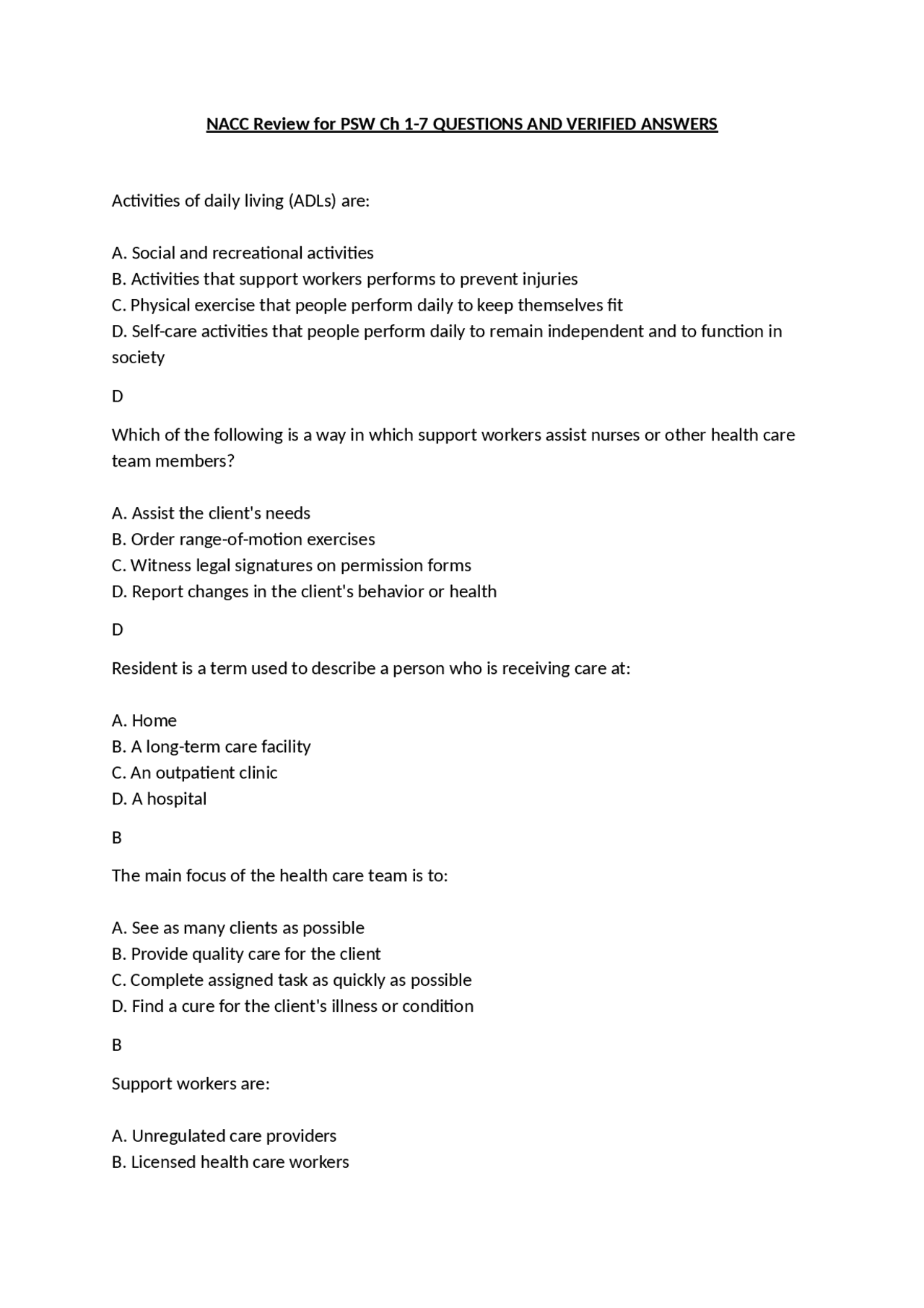NACC PSW Review (Ch 1-7): ADL, Healthcare, and Canadian System Q&A ...