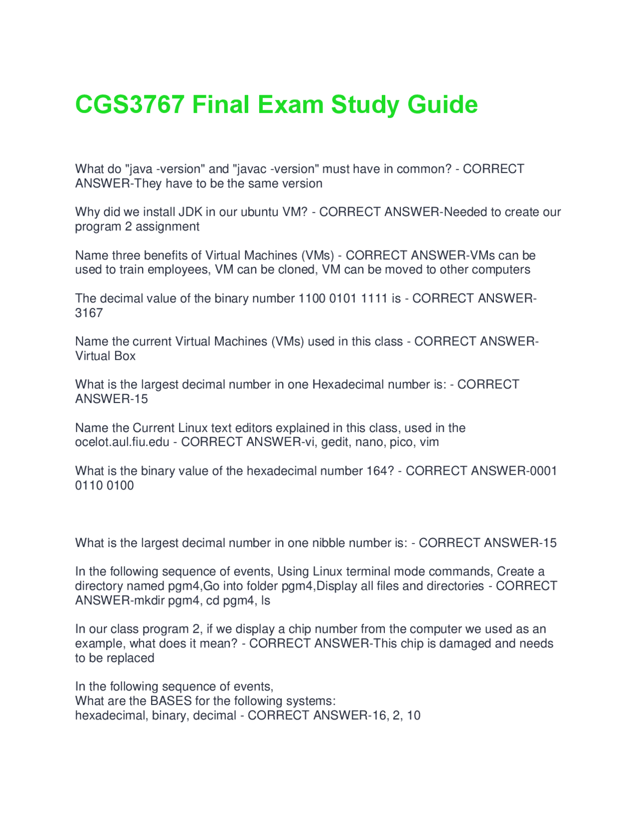 CGS3767 Final Exam: VMs, Linux, and Java Q&A | Exams Advanced Education ...
