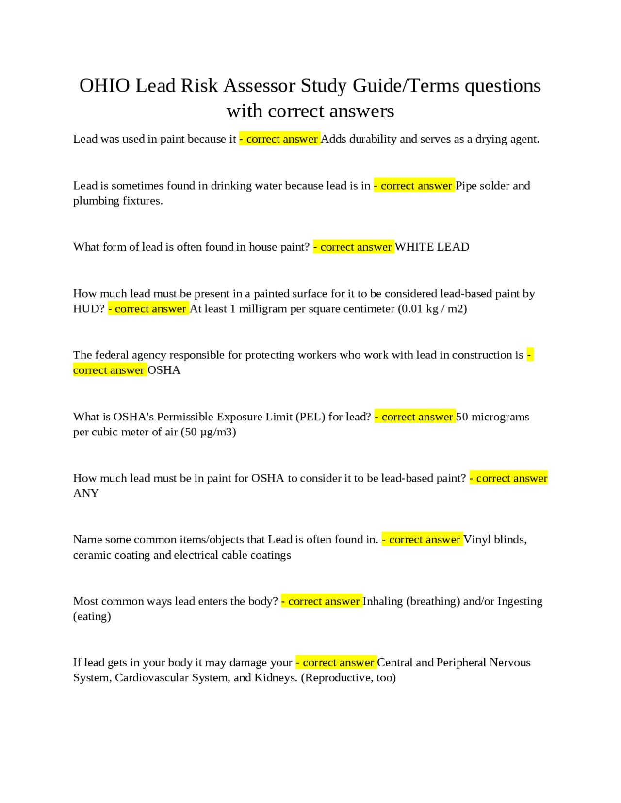 OHIO Lead Risk Assessor Study Guide/Terms questions with correct ...