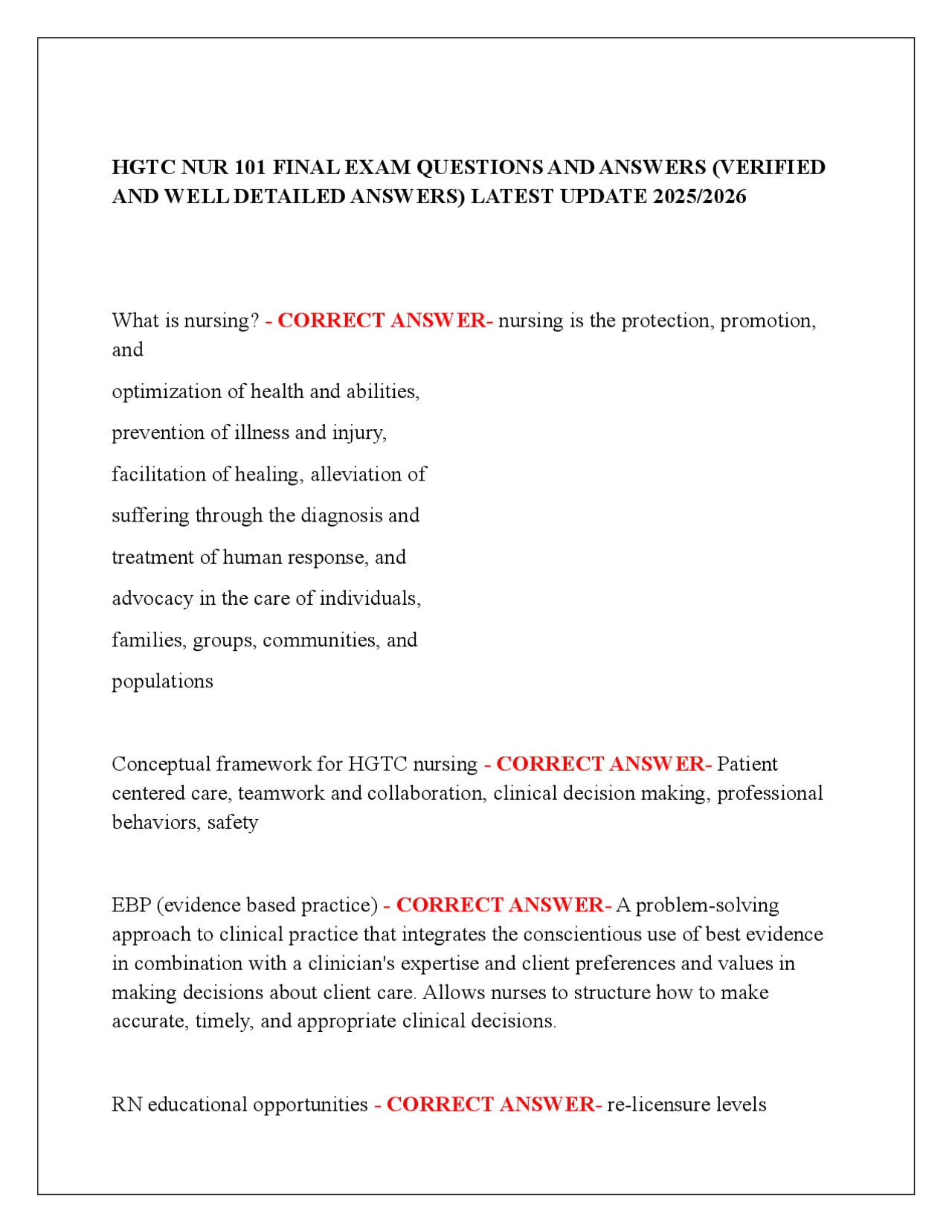 HGTC NUR 101 FINAL EXAM QUESTIONS AND ANSWERS (VERIFIED AND WELL ...