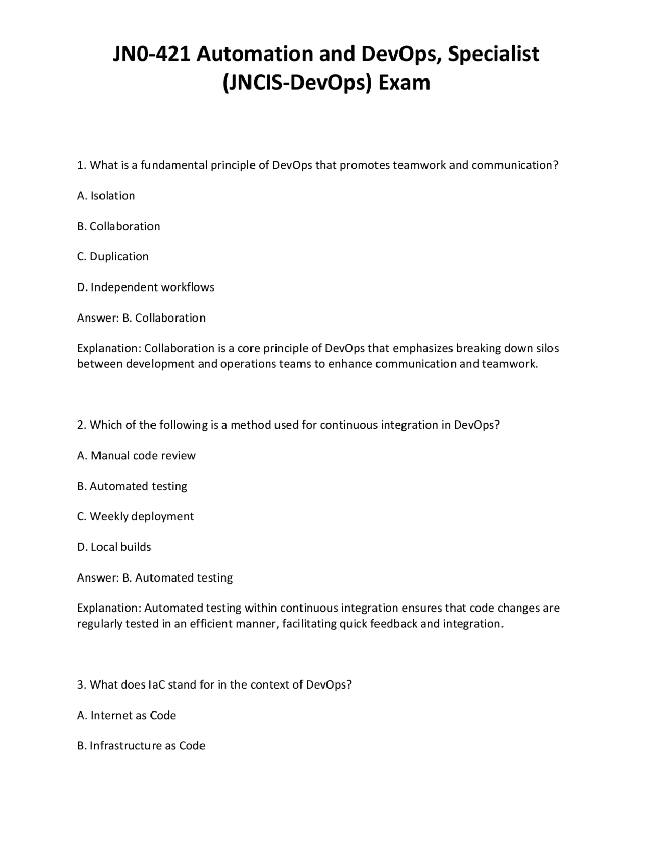 JN0-421 Automation and DevOps, Specialist (JNCIS-DevOps) Exam | Exams Technology | Docsity