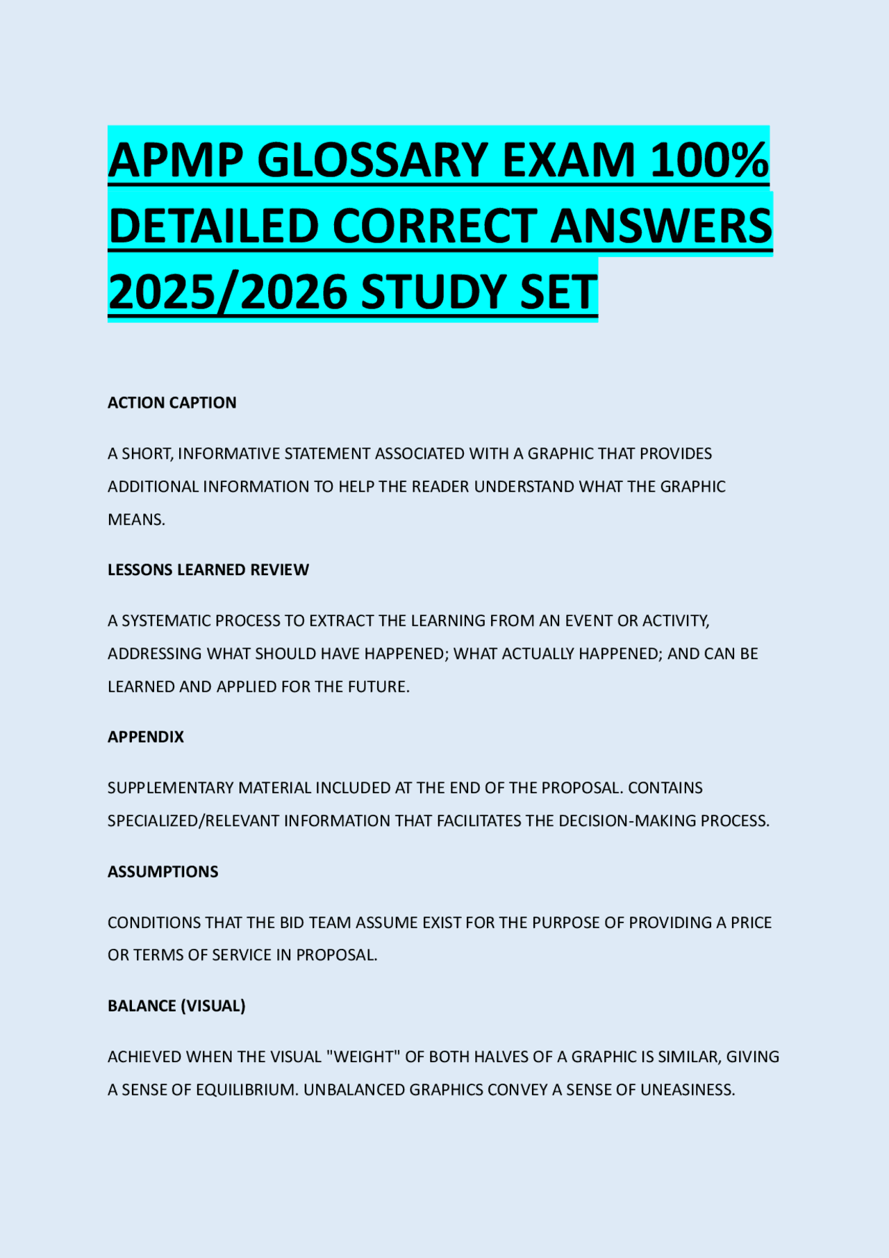 APMP GLOSSARY EXAM 100% DETAILED CORRECT ANSWERS 2025/2026 STUDY SET ...