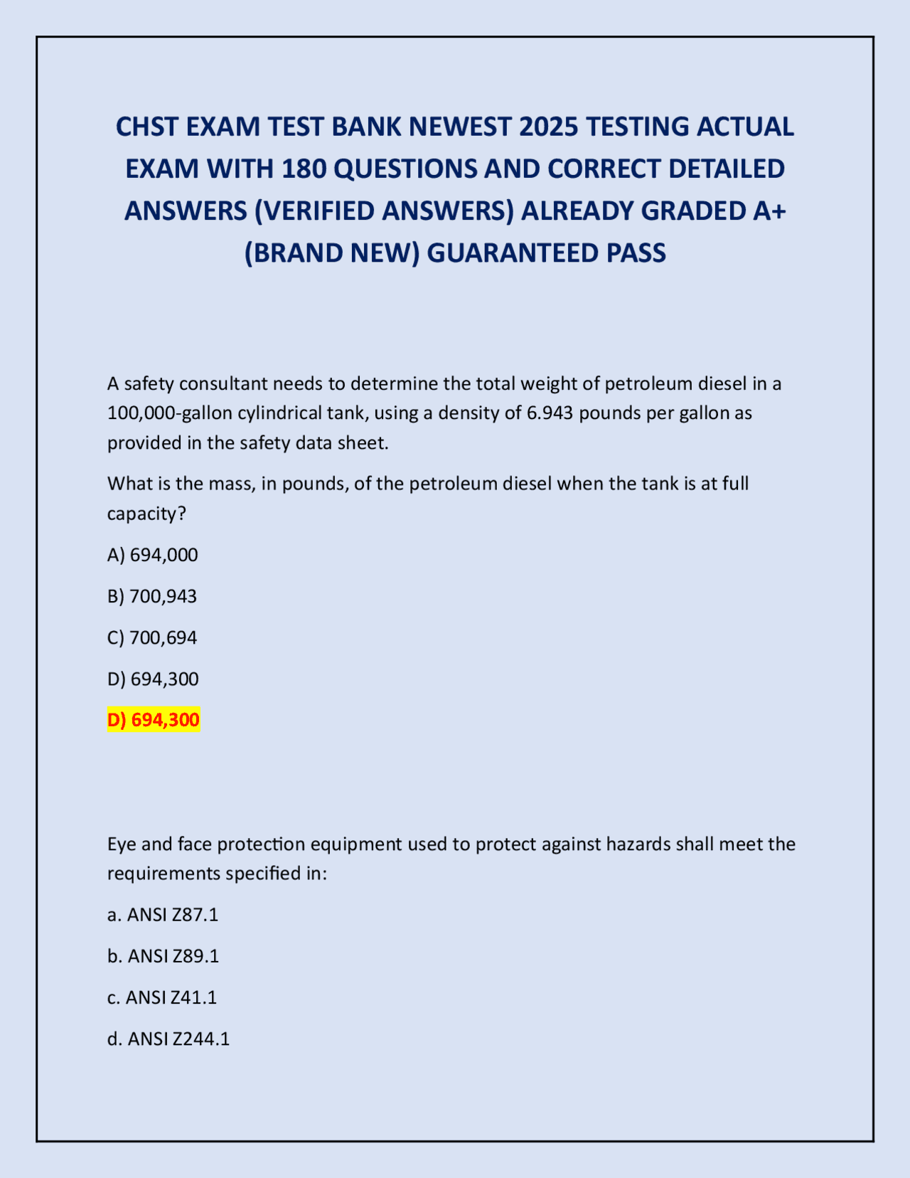 CHST EXAM TEST BANK NEWEST 2025 TESTING ACTUAL EXAM WITH 180 QUESTIONS ...