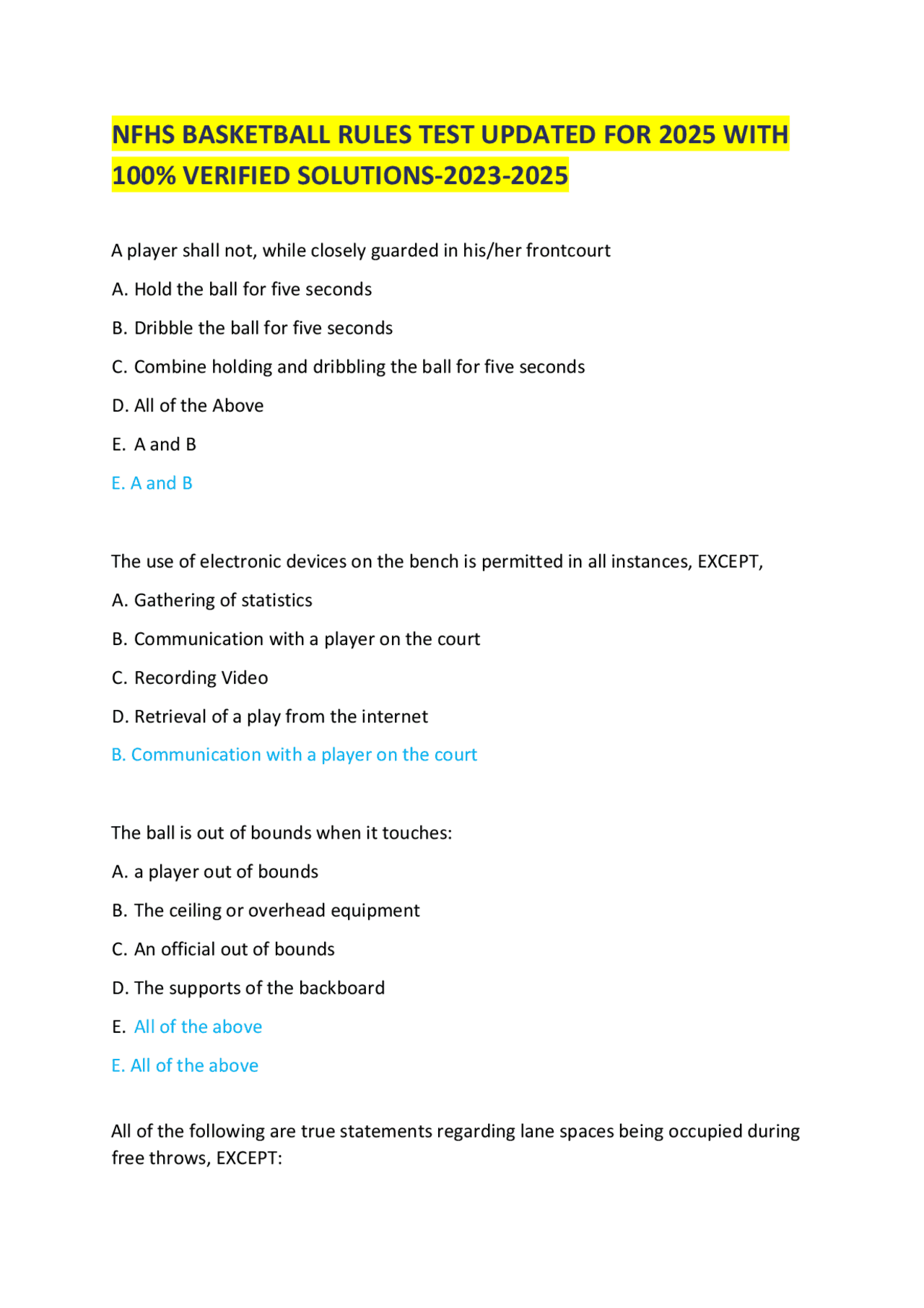 NFHS BASKETBALL RULES TEST UPDATED FOR 2025 WITH 100% VERIFIED ...