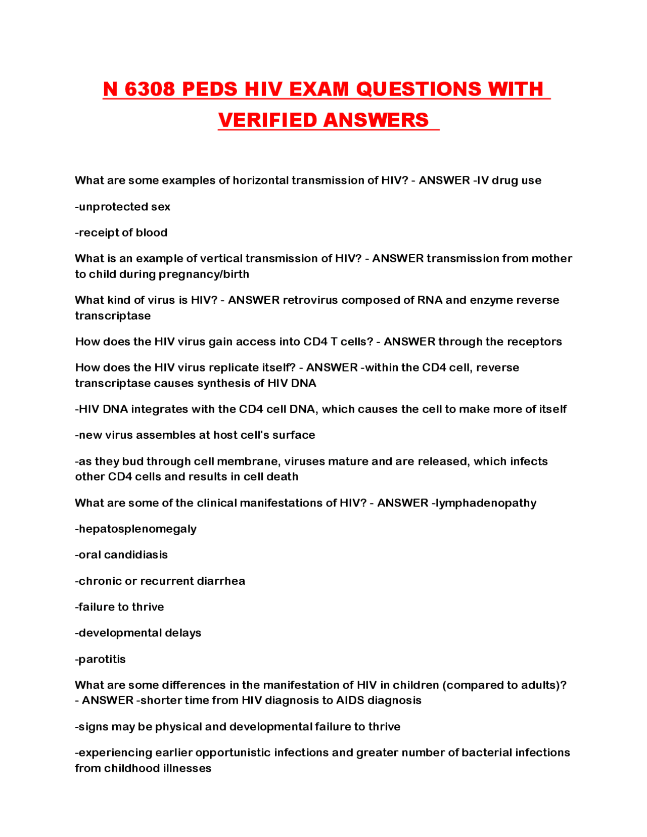 N 6308 PEDS HIV EXAM QUESTIONS WITH VERIFIED ANSWERS. | Exams Nursing ...