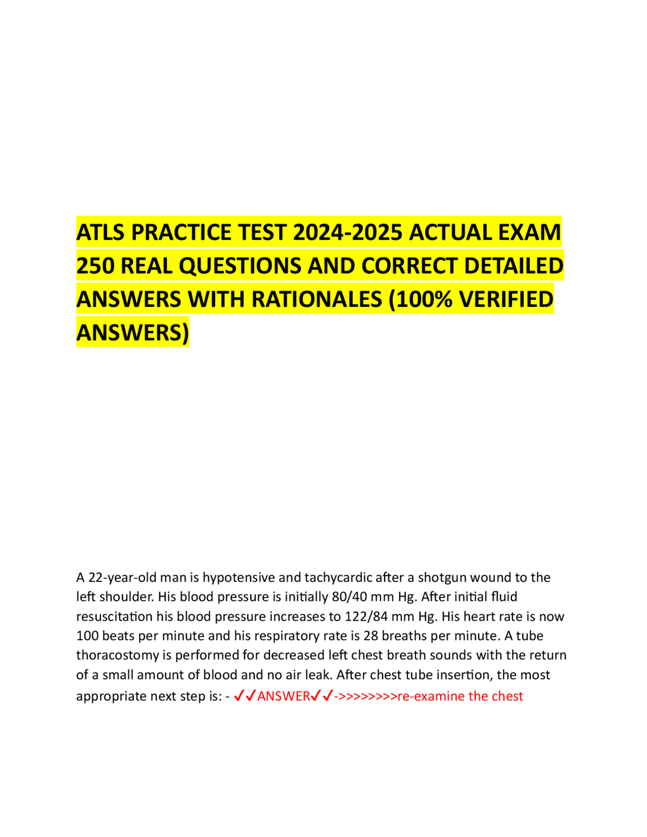 ATLS PRACTICE TEST 2024-2025 ACTUAL EXAM 250 REAL QUESTIONS AND CORRECT ...