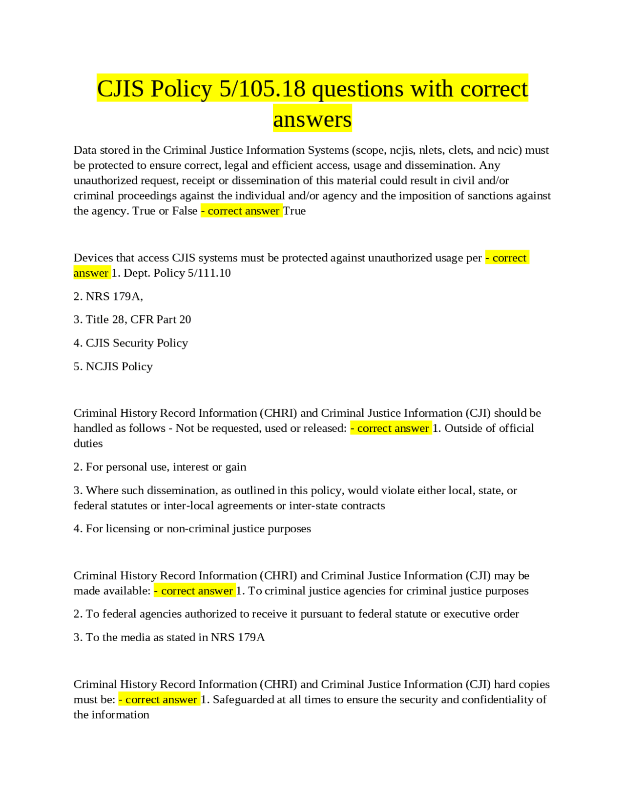 CJIS Security Policy: Questions and Answers | Exams Law | Docsity