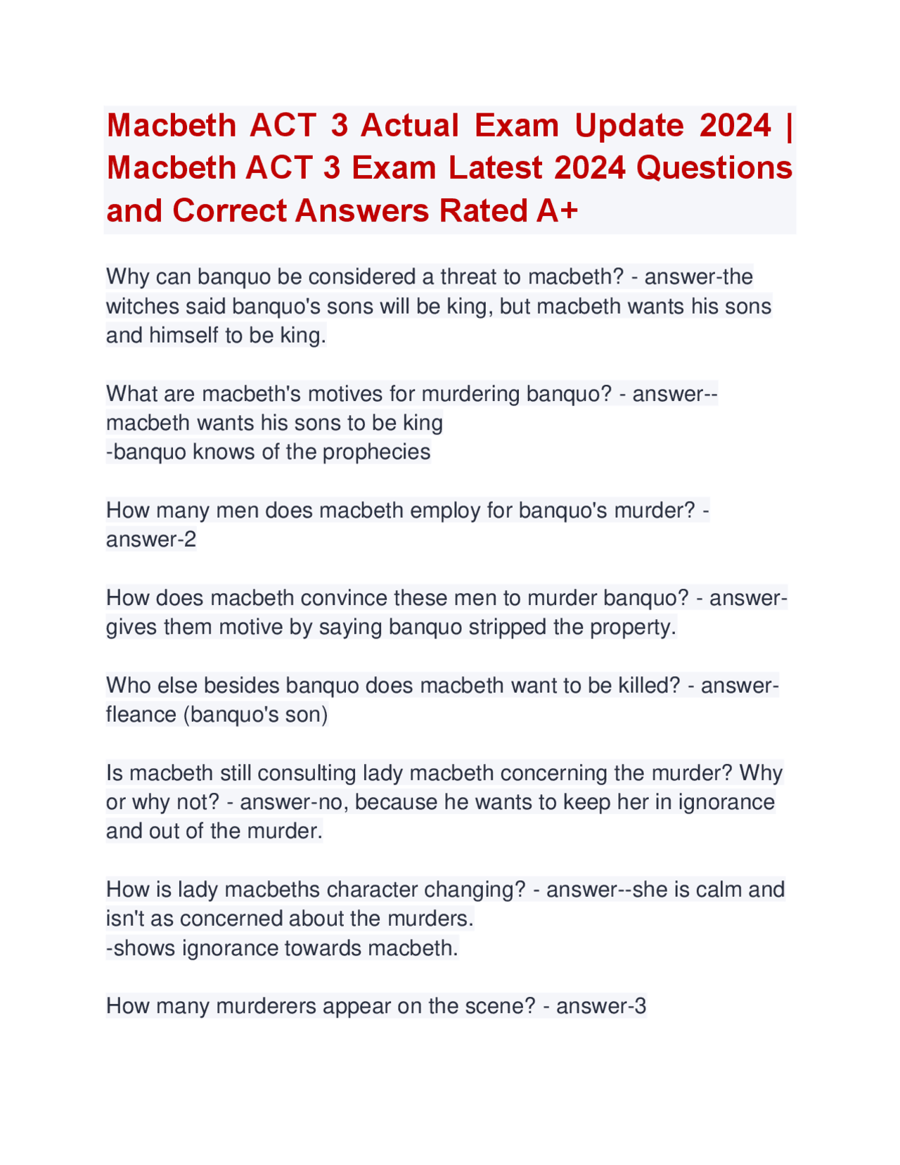 Macbeth ACT 3 Actual Exam Update 2024 | Macbeth ACT 3 Exam Latest 2024 ...