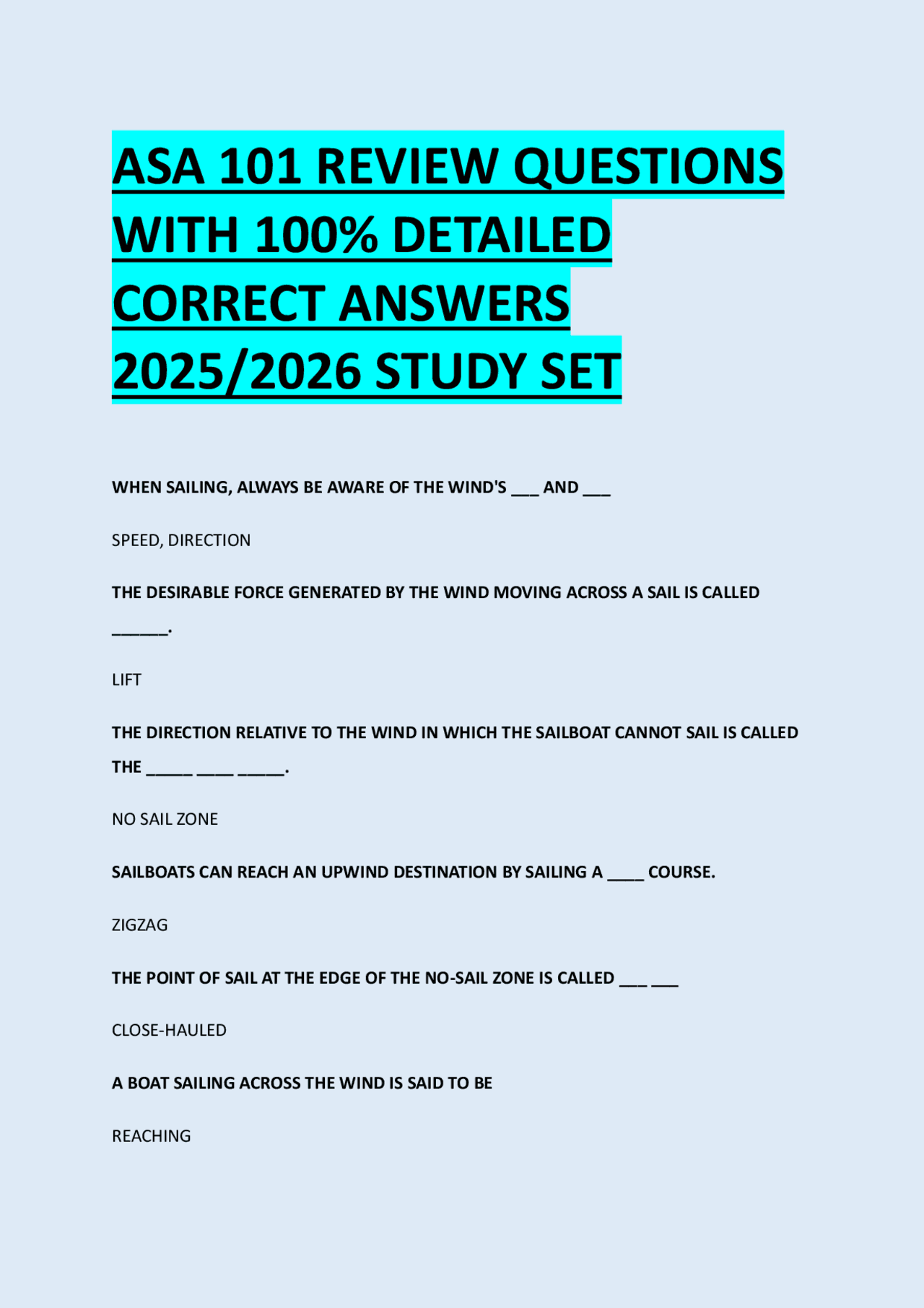 ASA 101 REVIEW QUESTIONS WITH 100% DETAILED CORRECT ANSWERS 2025/2026 ...