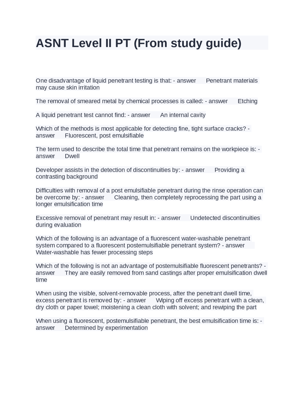ASNT Level II PT (From study guide) Questions with Correct Answers ...