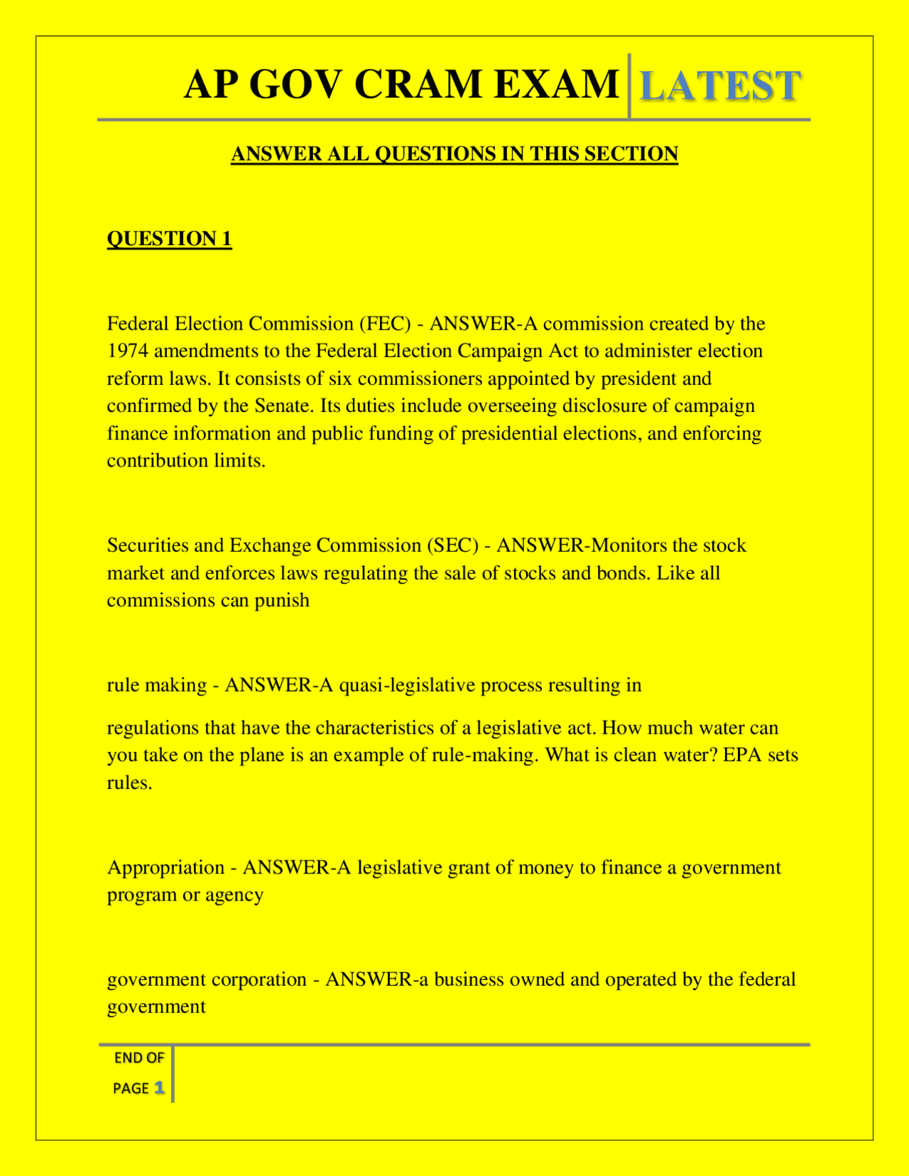 AP GOV CRAM EXAM QUESTIONS AND ANSWERS 2025 | Exams Local Government ...