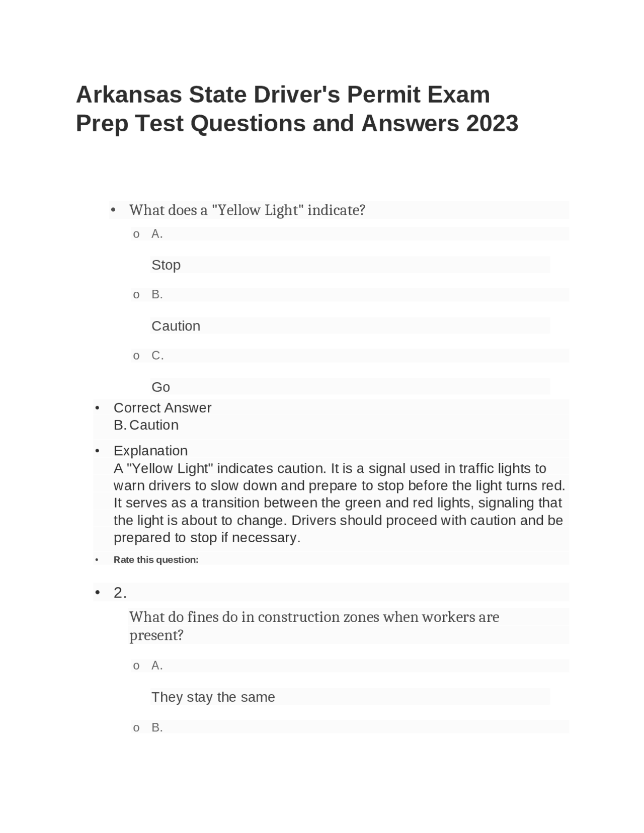Arkansas State Driver's Permit Exam Prep Test Questions and Answers ...