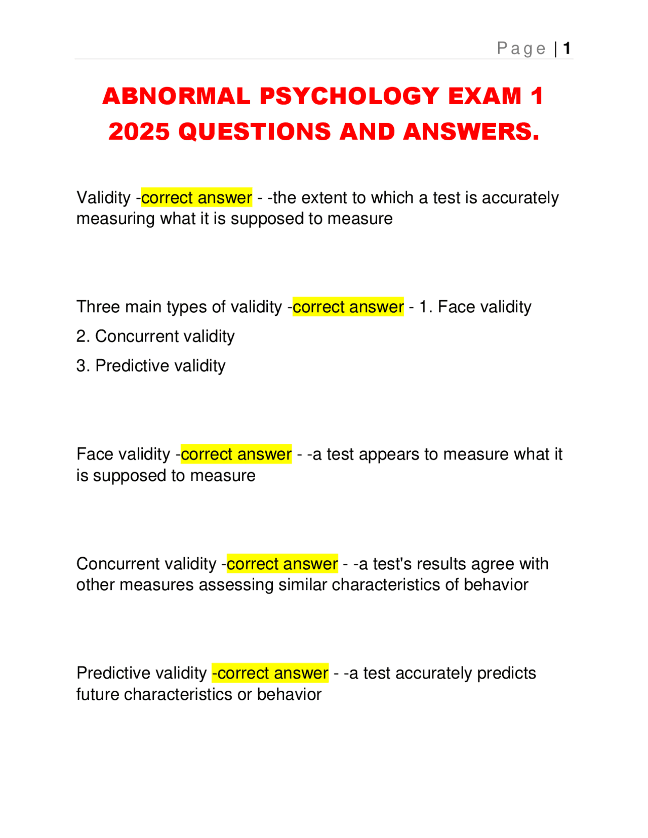 ABNORMAL PSYCHOLOGY EXAM 1 2025 QUESTIONS AND ANSWERS. | Exams ...