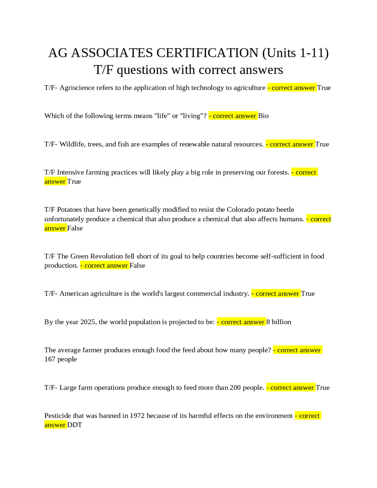 Agriscience True/False Questions and Answers (Units 1-11) | Exams ...