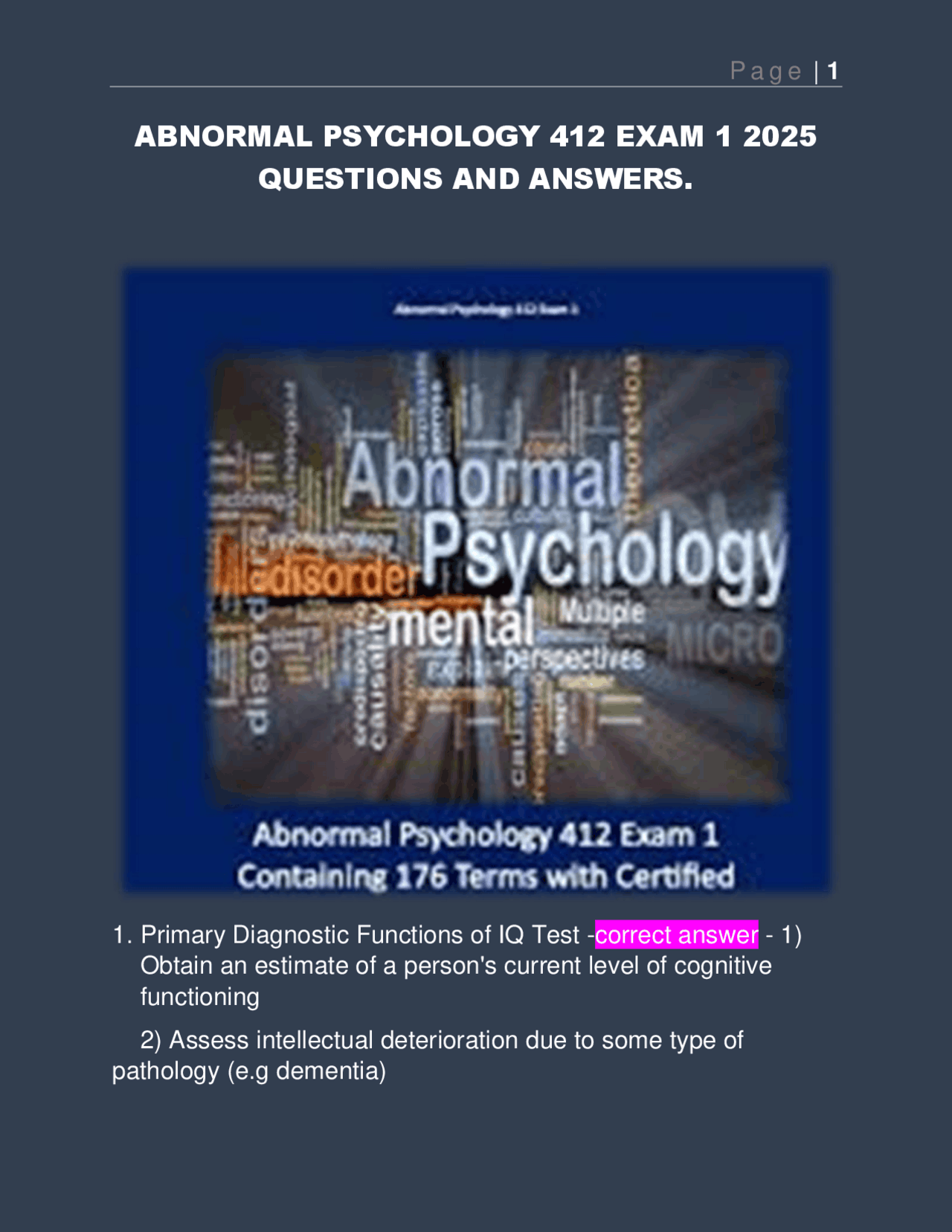 ABNORMAL PSYCHOLOGY 412 EXAM 1 2025 QUESTIONS AND ANSWERS. | Exams ...