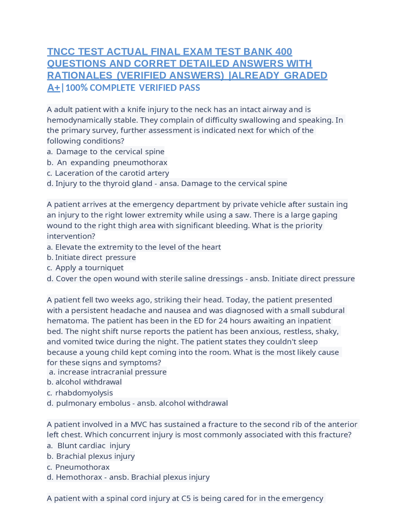 TNCC TEST ACTUAL FINAL EXAM TEST BANK 400 QUESTIONS AND CORRET DETAILED ...