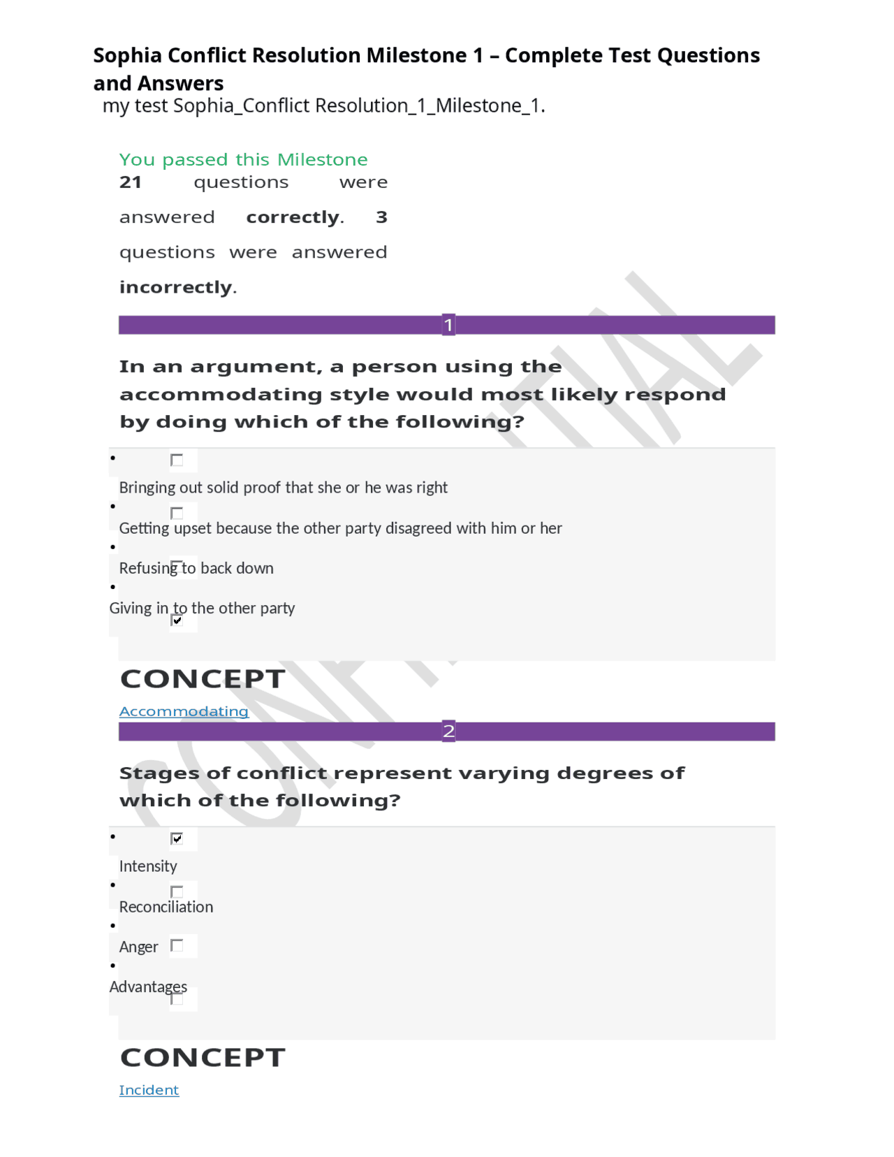 Sophia Conflict Resolution Milestone 1 – Complete Test Questions and ...