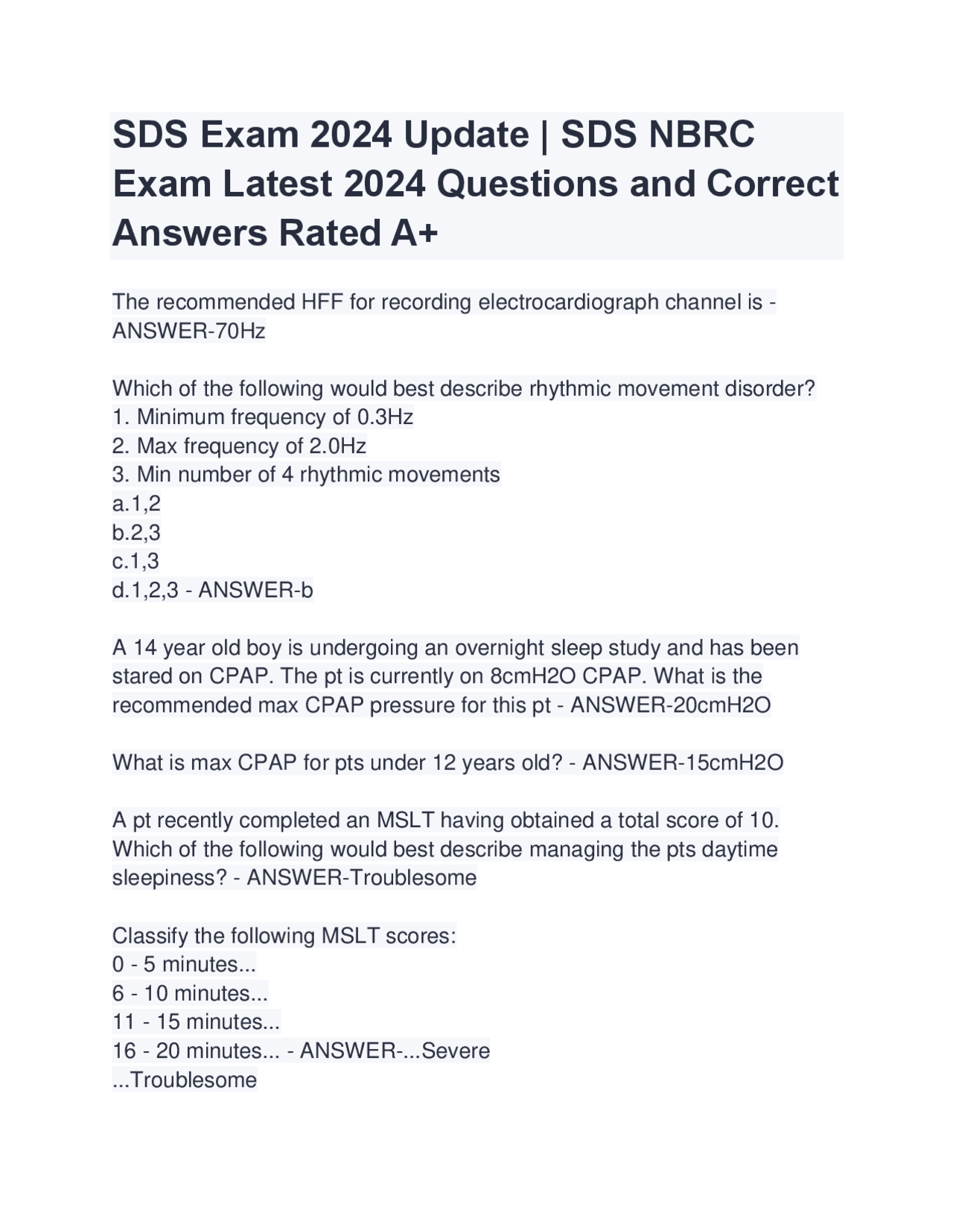 SDS Exam 2024 Update | SDS NBRC Exam Latest 2024 Questions and Correct ...