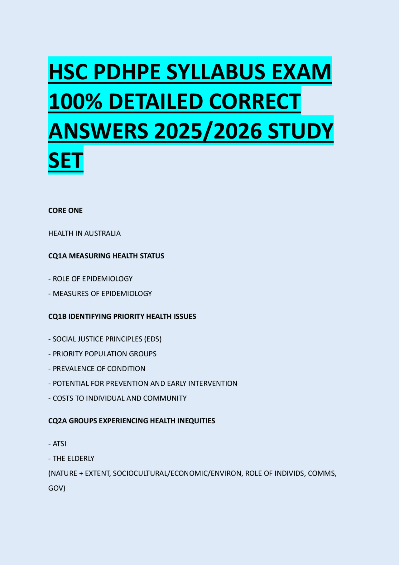 HSC PDHPE SYLLABUS EXAM 100% DETAILED CORRECT ANSWERS 2025/2026 STUDY ...