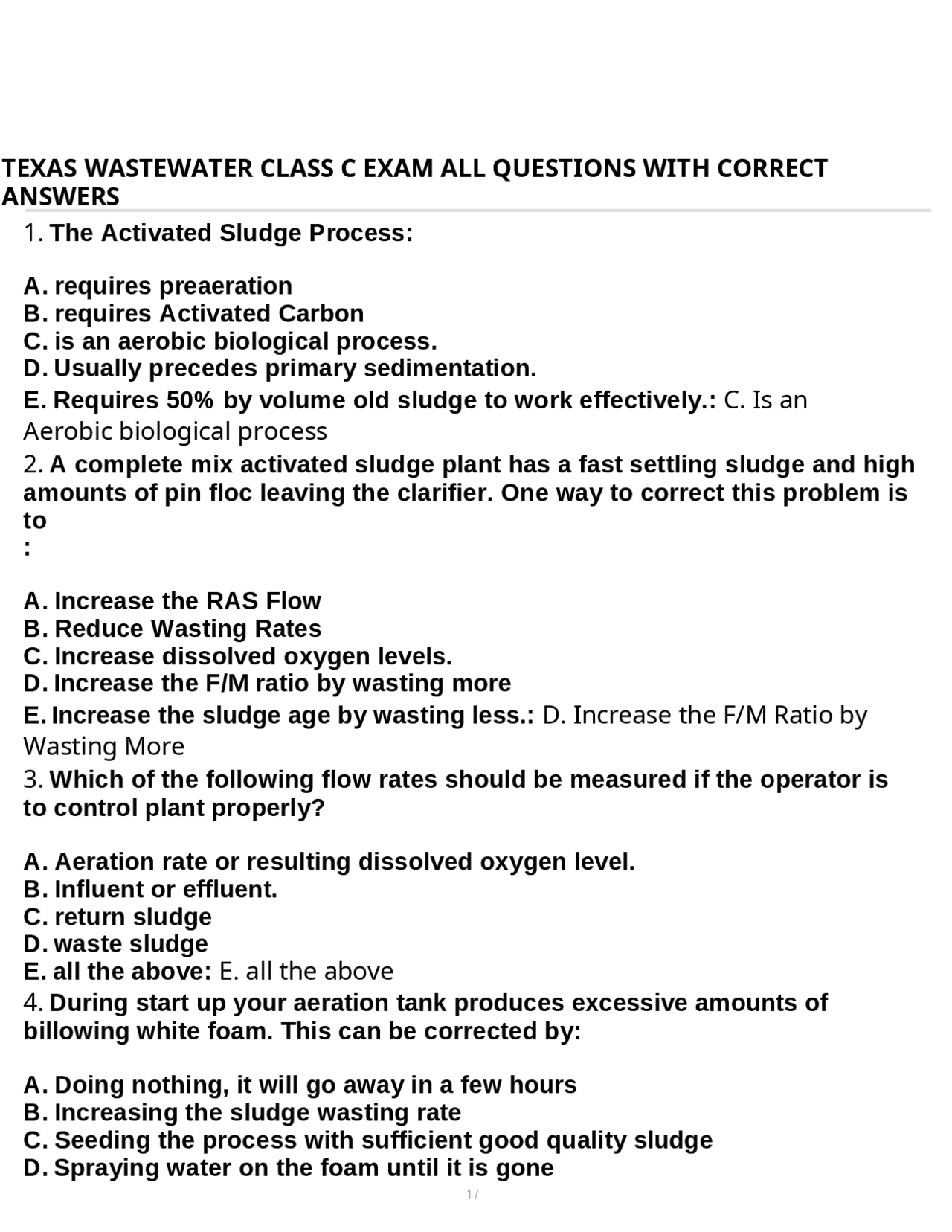 TEXAS WASTEWATER CLASS C EXAM ALL QUESTIONS WITH CORRECT ANSWERS | Exams Water and Wastewater ...
