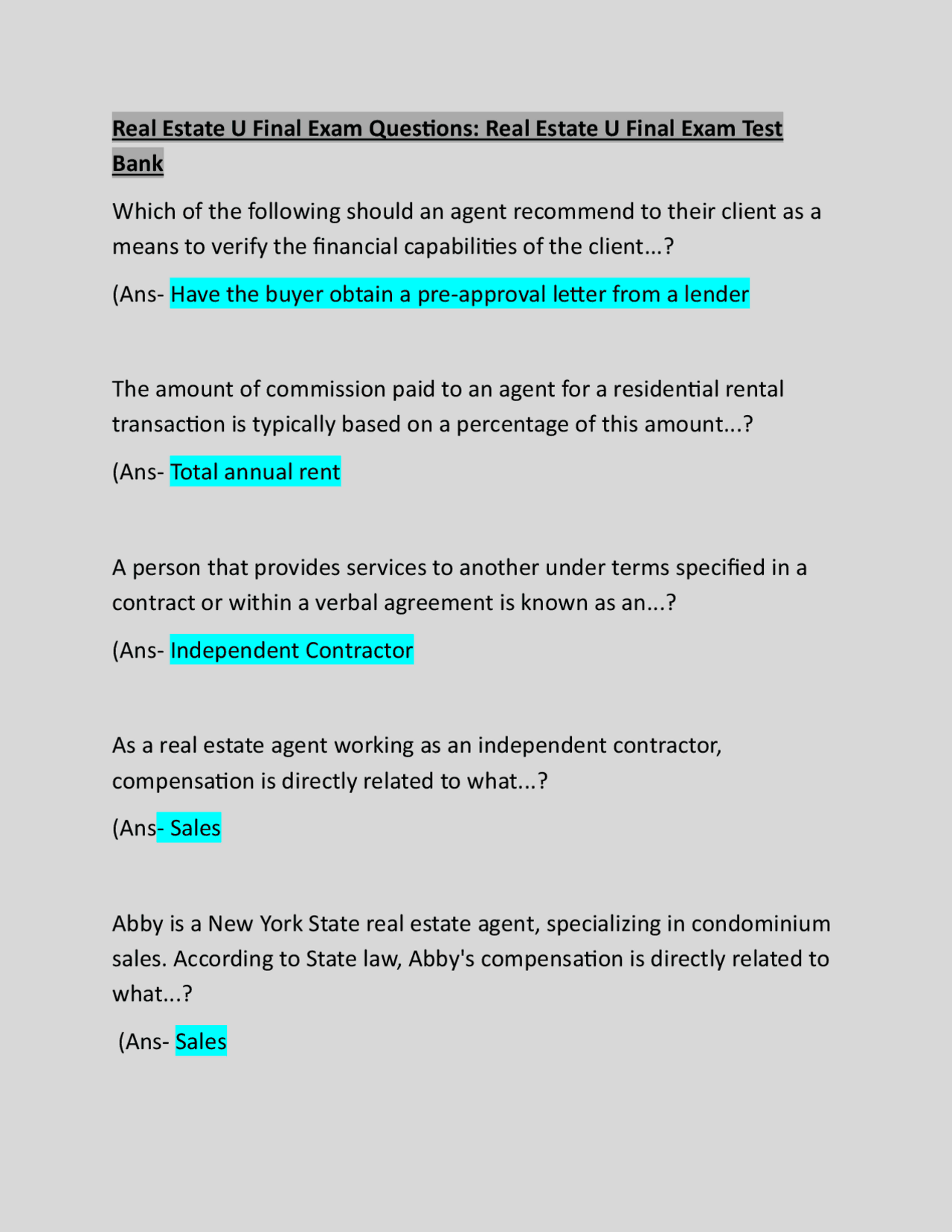 Real Estate U Final Exam Questions: Real Estate U Final Exam Test Bank ...