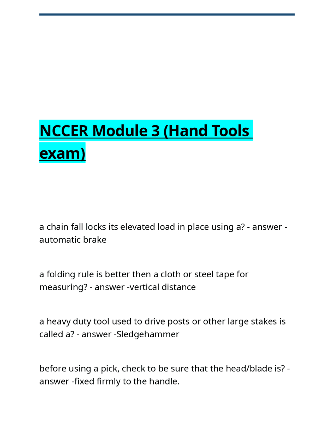 NCCER Module 3 Hand Tools Exam: Questions and Answers | Exams Nursing ...