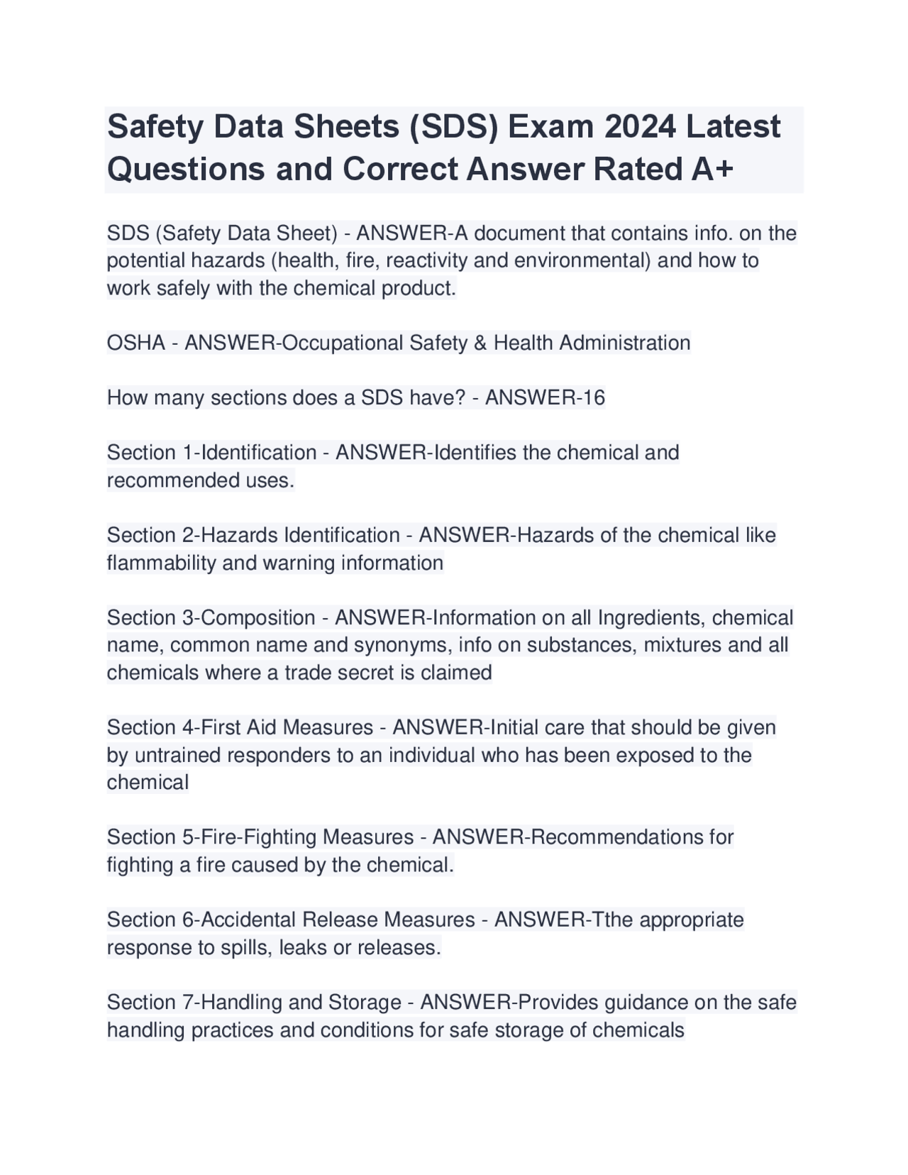 Safety Data Sheets (SDS) and Information Systems: Exam Questions and ...