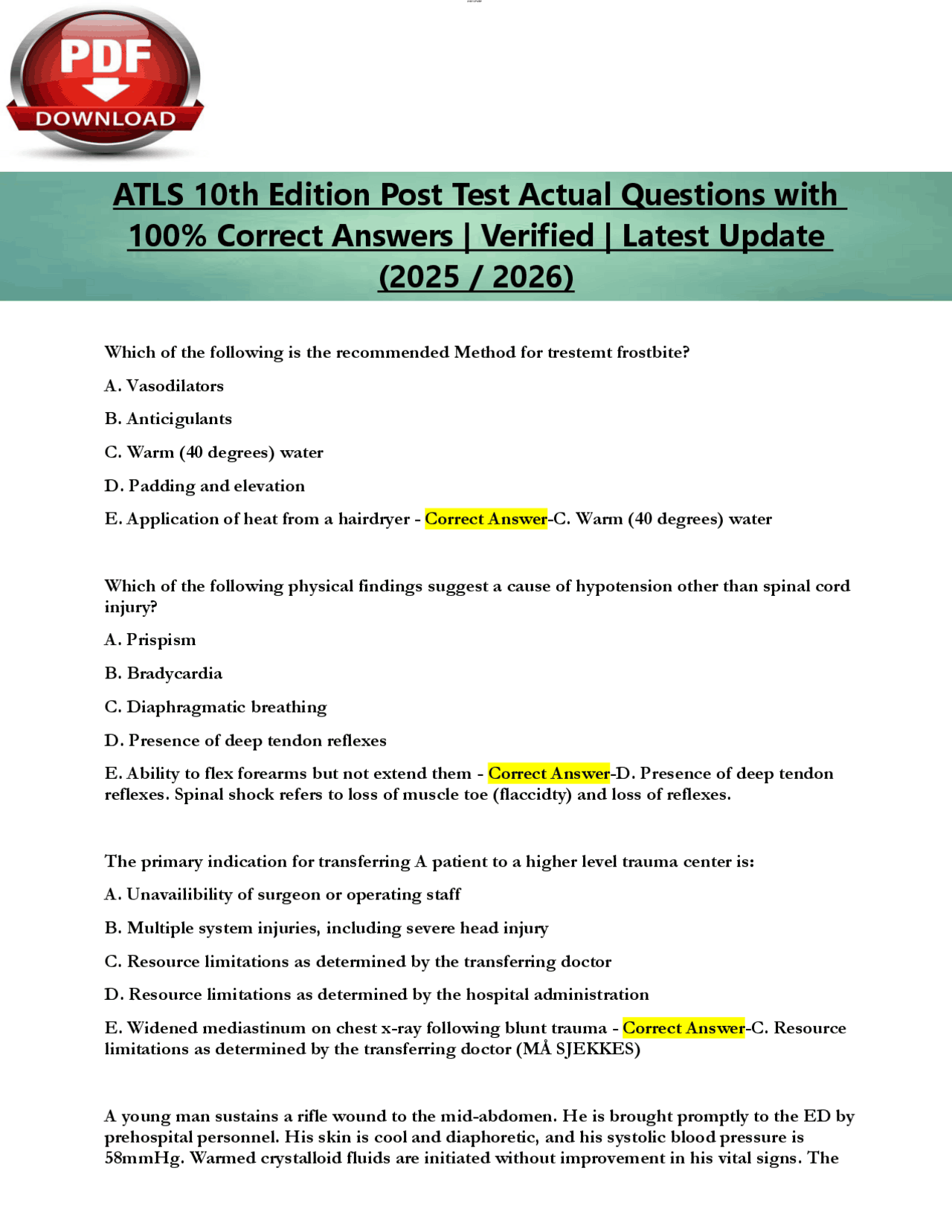 ATLS 10th Edition Post Test Actual Questions with 100% Correct Answers ...