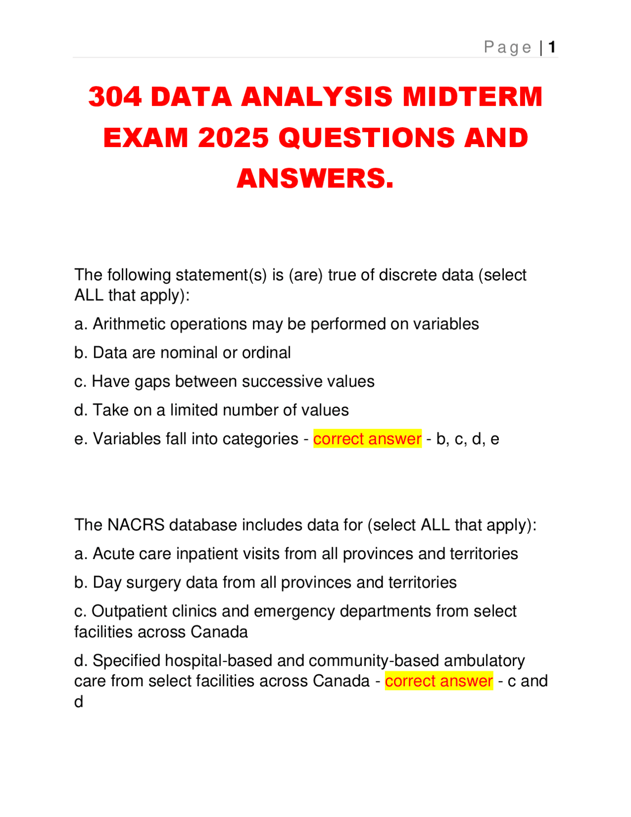 304 DATA ANALYSIS MIDTERM EXAM 2025 QUESTIONS AND ANSWERS. | Exams Data Warehousing | Docsity