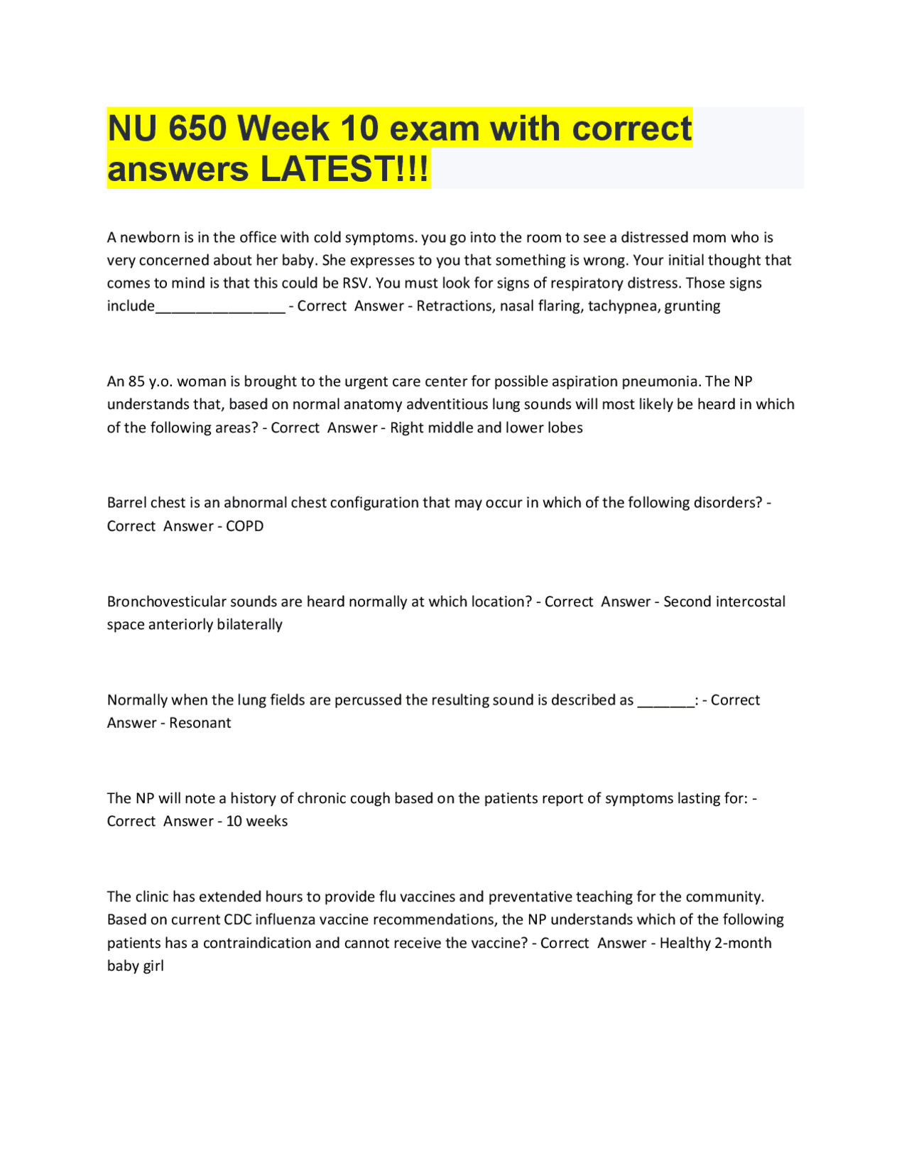 NU 650 Week 10 Exam: Cardiovascular and Respiratory Assessment Questions and Answers | Exams ...