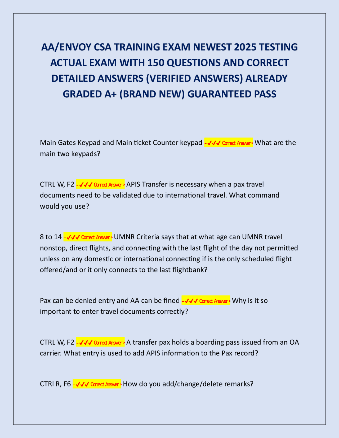 AA/ENVOY CSA TRAINING EXAM NEWEST 2025 TESTING ACTUAL EXAM WITH 150 ...