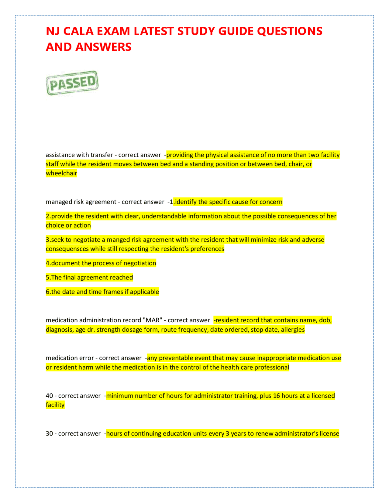 NJ CALA EXAM LATEST STUDY GUIDE QUESTIONS AND ANSWERS | Exams Nursing ...
