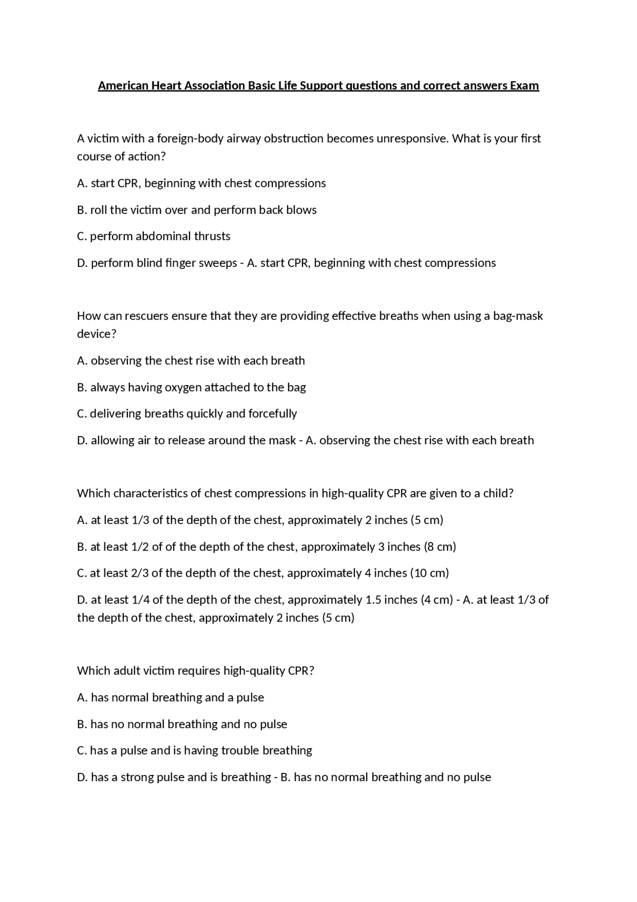 American Heart Association Basic Life Support: Questions and Answers ...