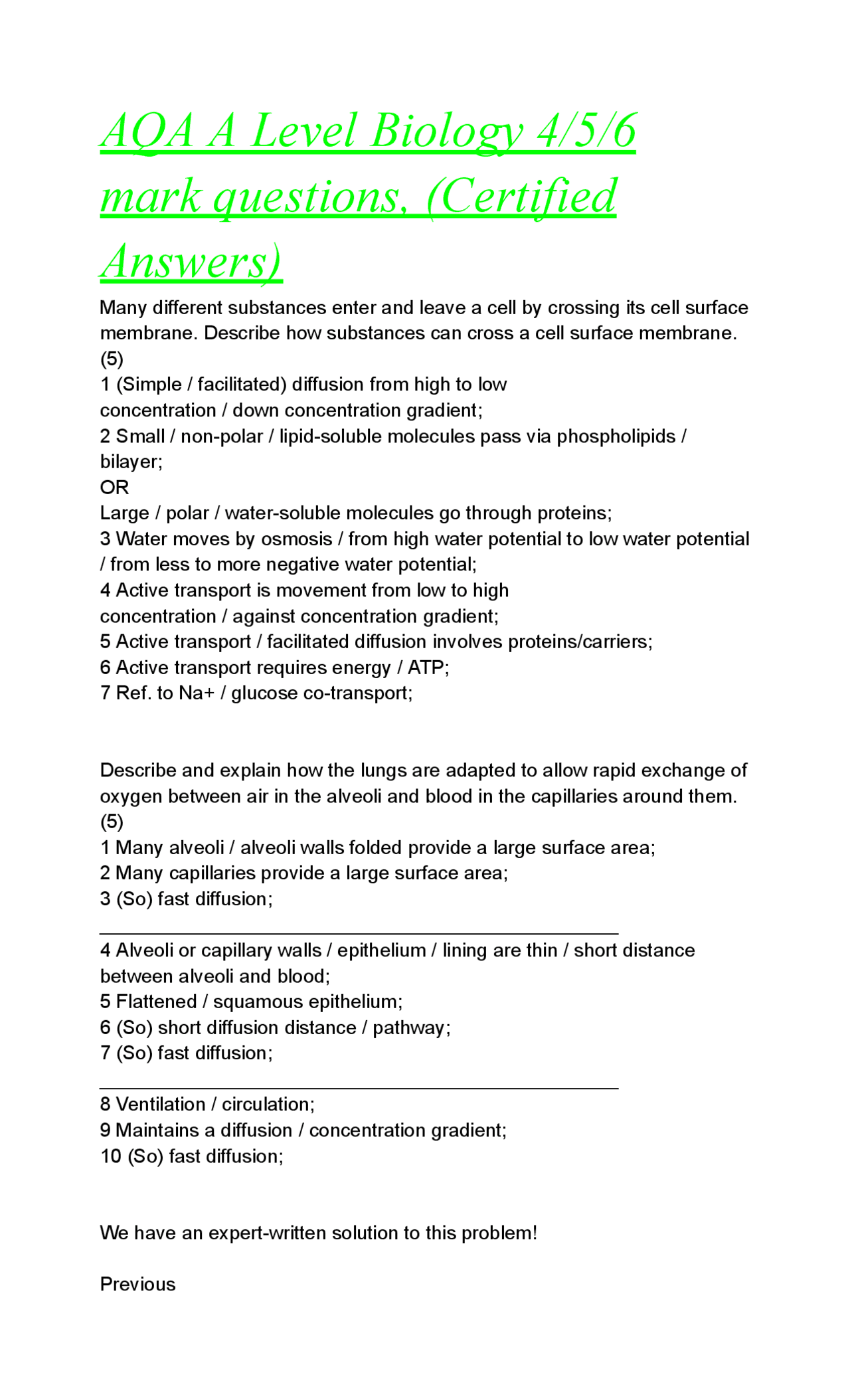 AQA A Level Biology Exercises: Cell Membranes, Lungs, Immunity, and ...