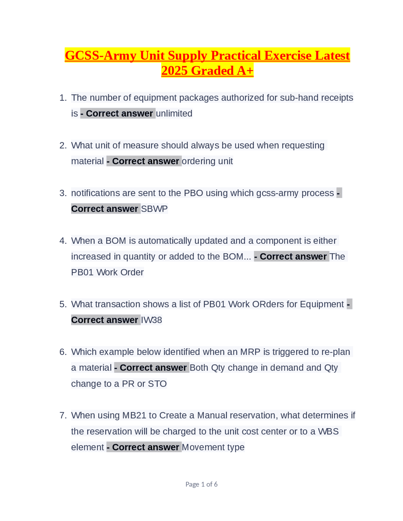 GCSS-Army Unit Supply Practical Exercise: Questions and Answers | Exams Nursing | Docsity