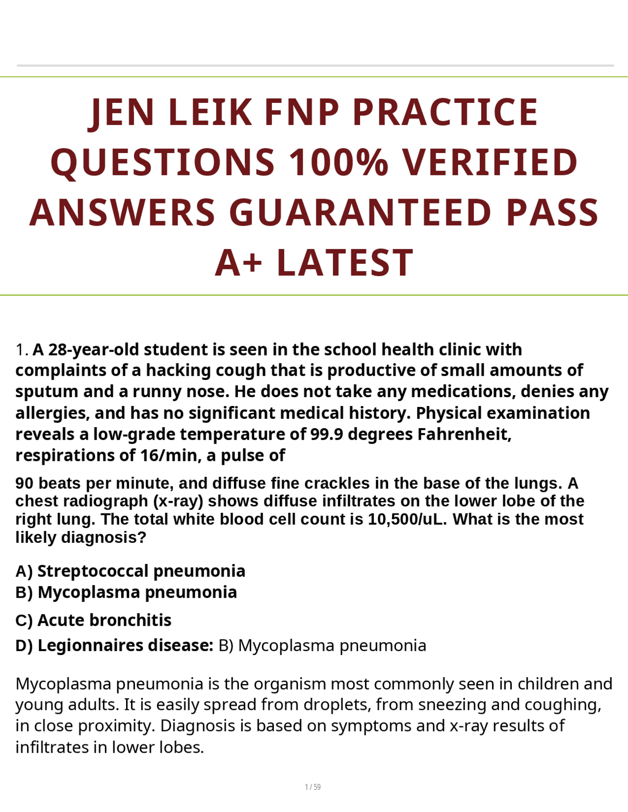 JEN LEIK FNP PRACTICE QUESTIONS 100% VERIFIED ANSWERS GUARANTEED PASS ...