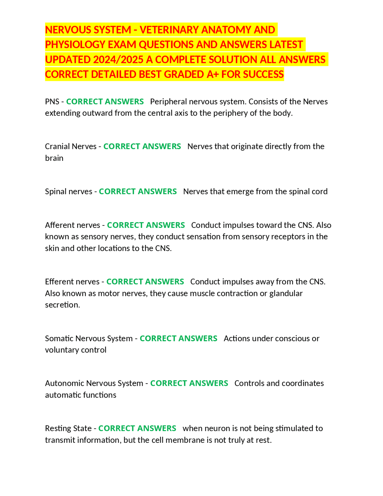 NERVOUS SYSTEM - VETERINARY ANATOMY AND PHYSIOLOGY EXAM QUESTIONS AND ...