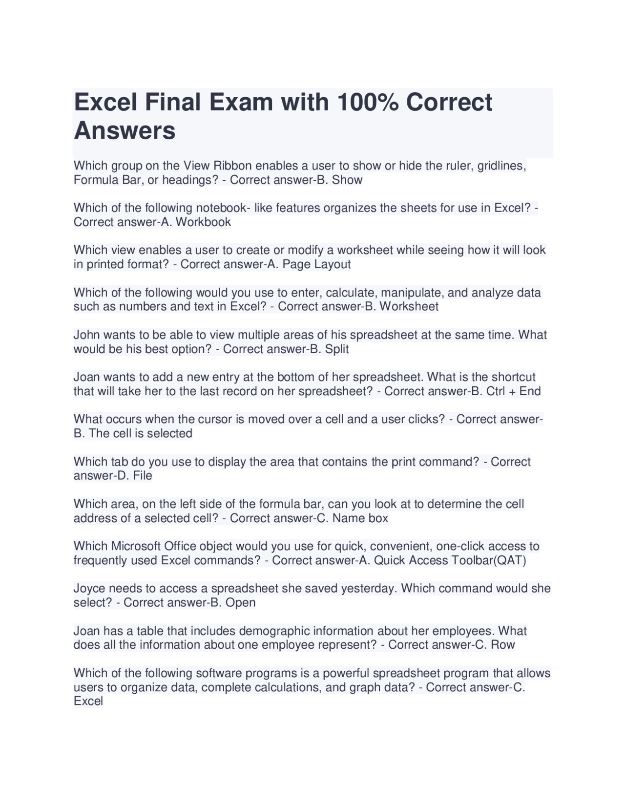 Excel Final Exam with 100% Correct Answers | Exams Nursing | Docsity