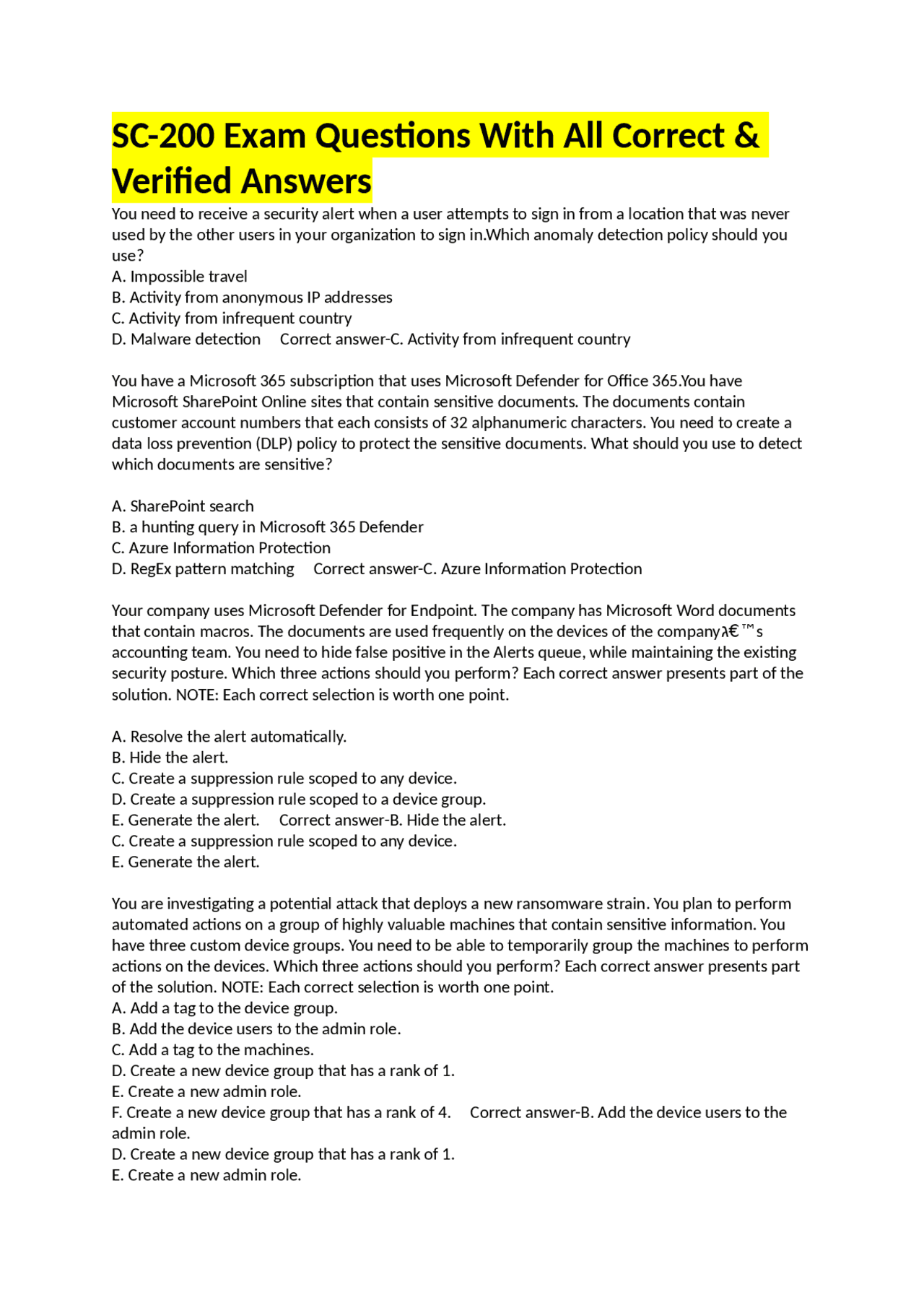 SC-200 Exam Questions With All Correct & Verified Answers | Exams ...