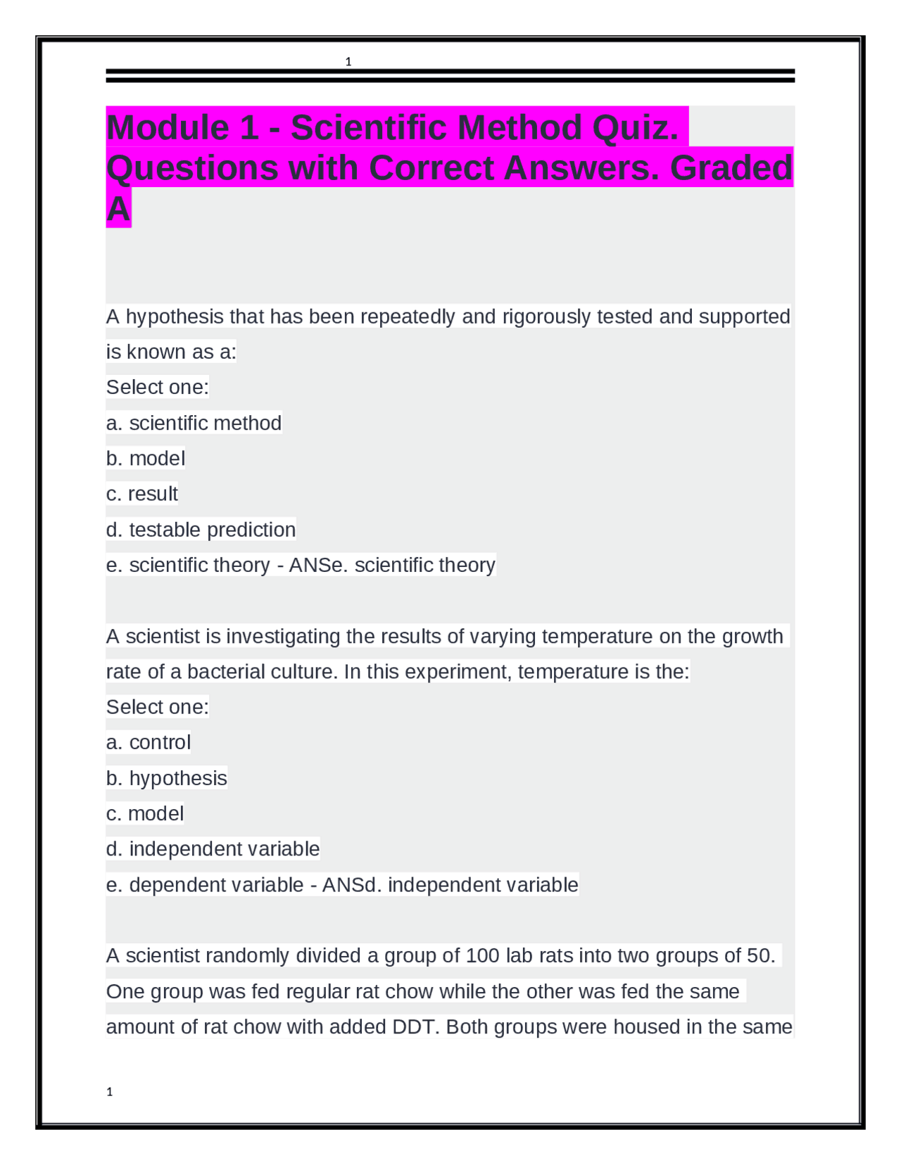 Module 1 - Scientific Method Quiz. Questions with Correct Answers ...