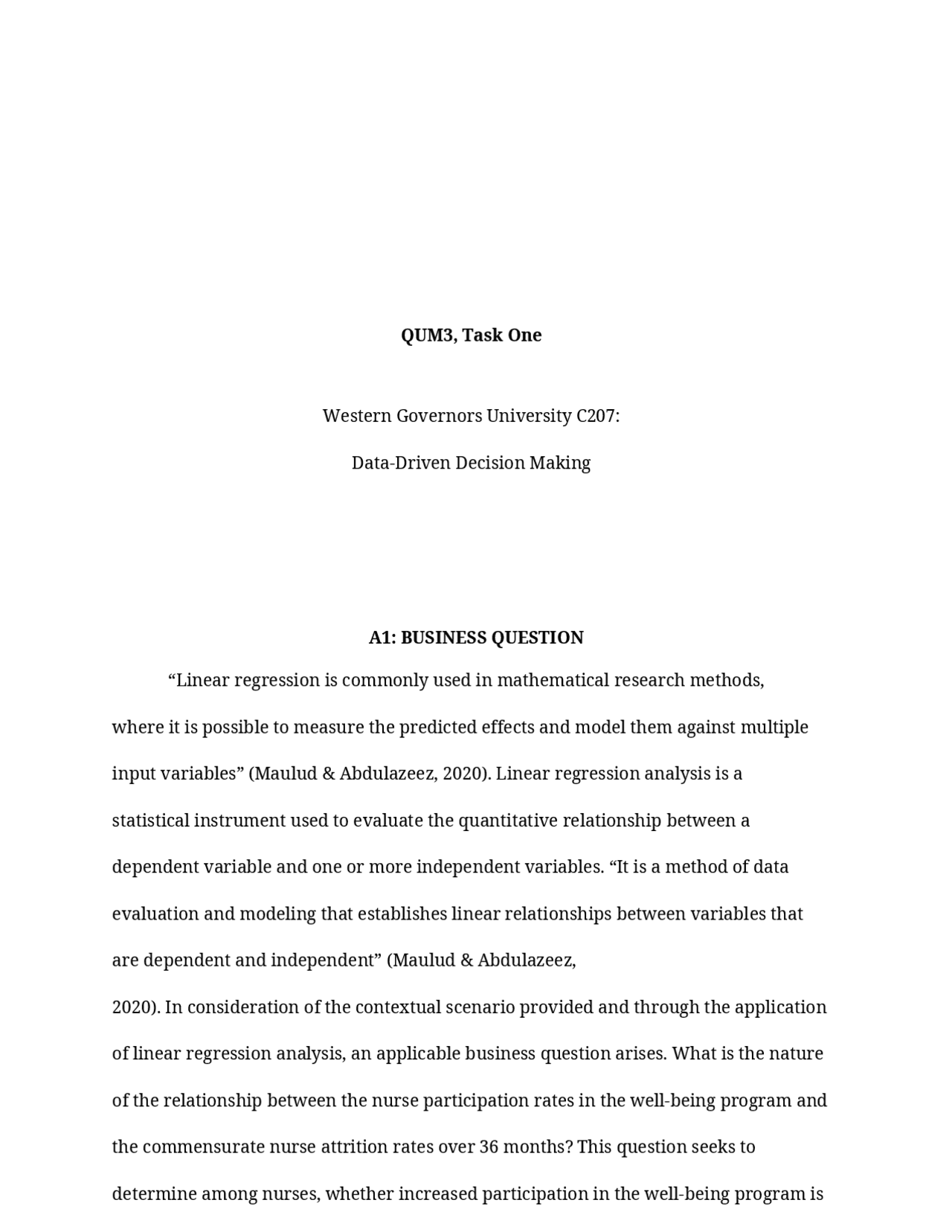 QUM3, Task One Western Governors University C207: Data-Driv | Thesis ...