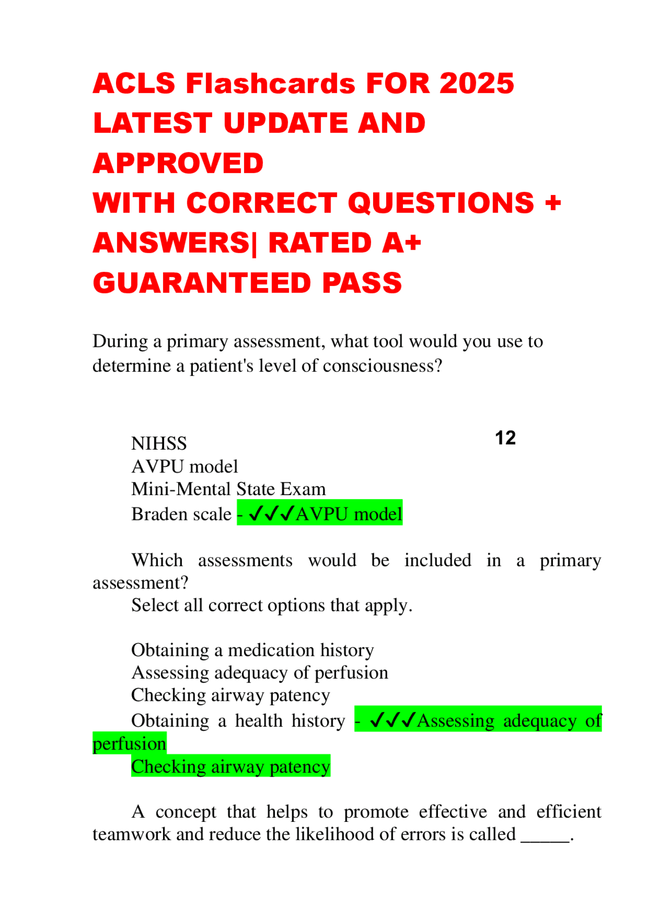 ACLS Flashcards FOR 2025 LATEST UPDATE AND APPROVED WITH CORRECT ...
