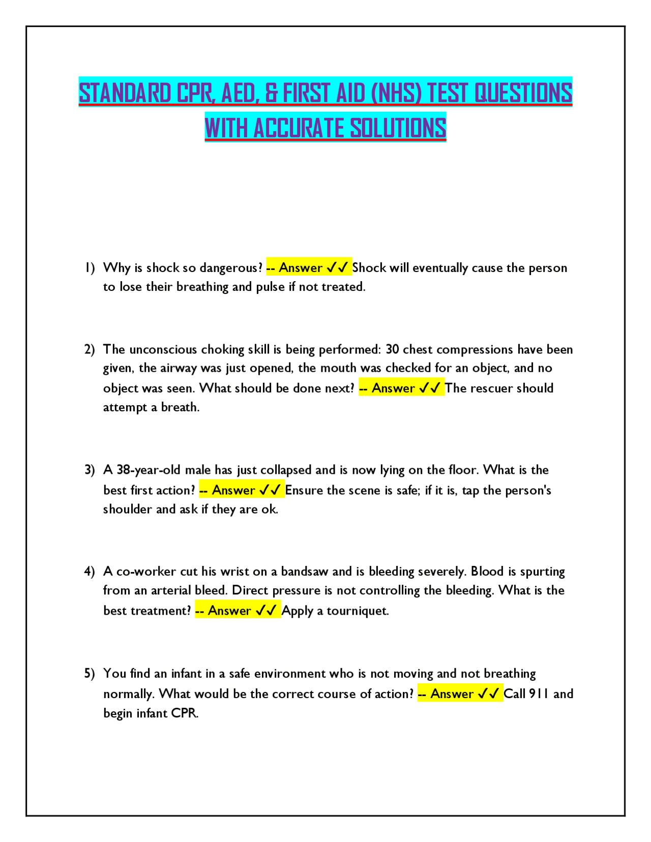 STANDARD CPR, AED, & FIRST AID (NHS) TEST QUESTIONS WITH ACCURATE ...
