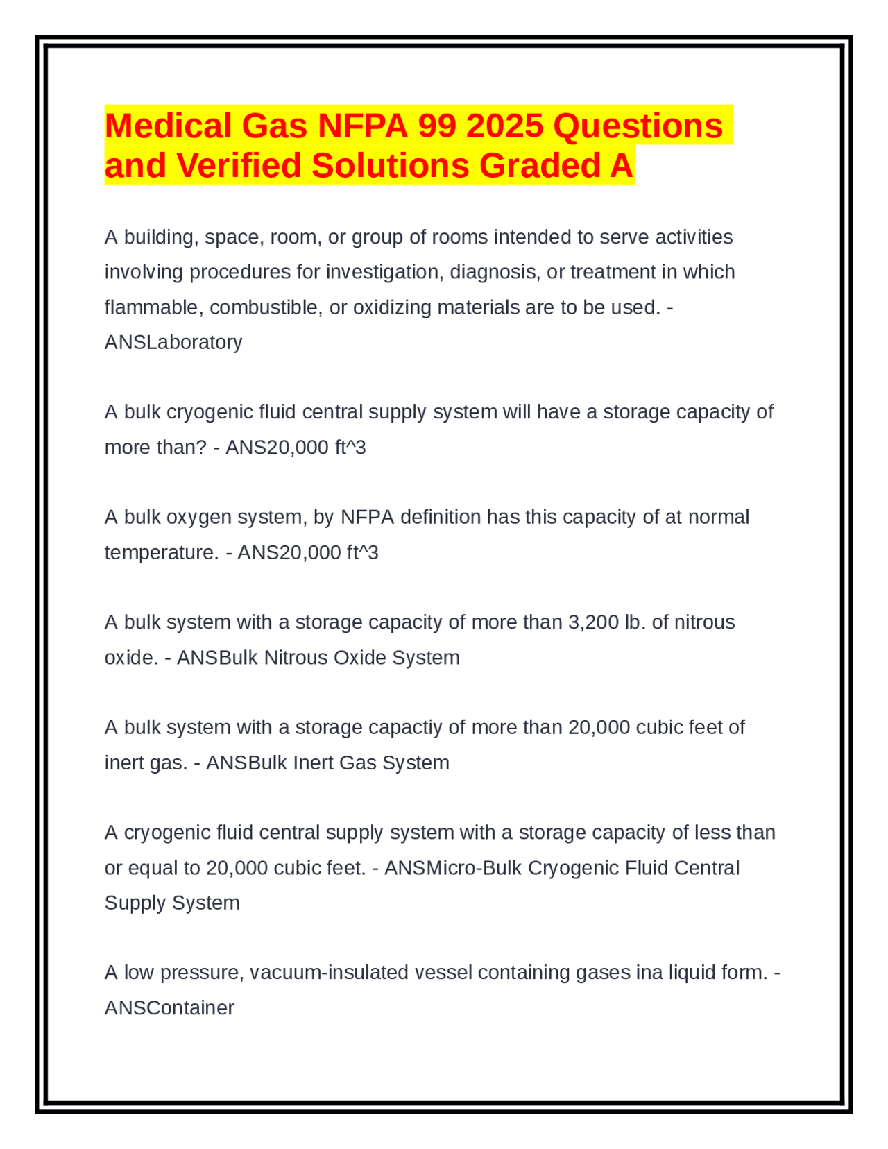 Medical Gas Systems: NFPA 99 2025 Questions and Answers | Exams Health ...