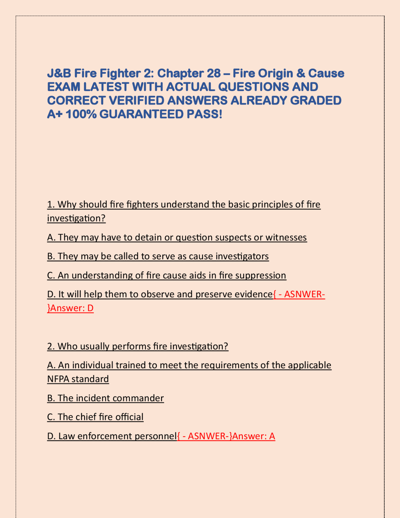 J&B Fire Fighter 2: Chapter 28 – Fire Origin & Cause EXAM LATEST WITH ...