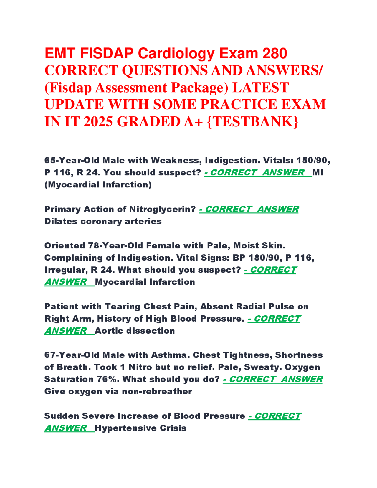 EMT FISDAP Cardiology Exam 280 CORRECT QUESTIONS AND ANSWERS/ (Fisdap Assessment Package | Exams ...