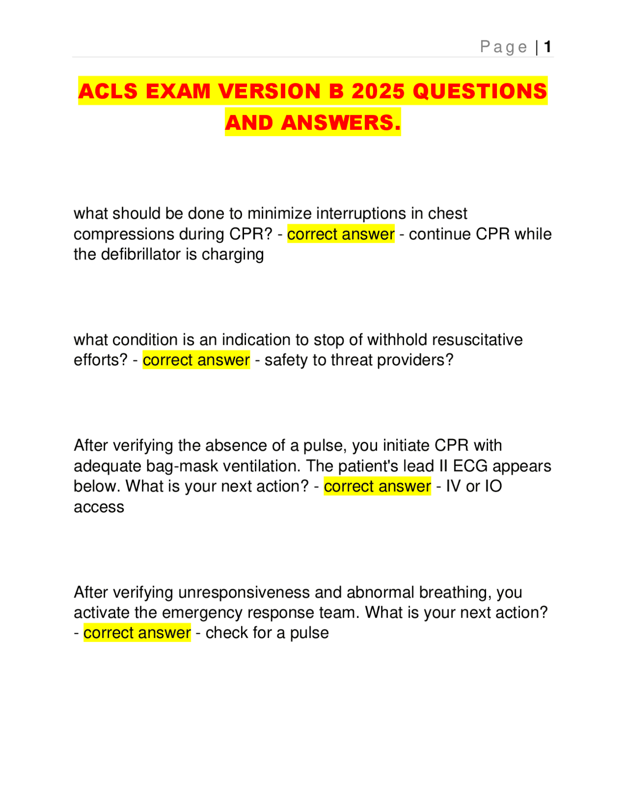 ACLS EXAM VERSION B 2025 QUESTIONS AND ANSWERS. | Exams Nursing | Docsity